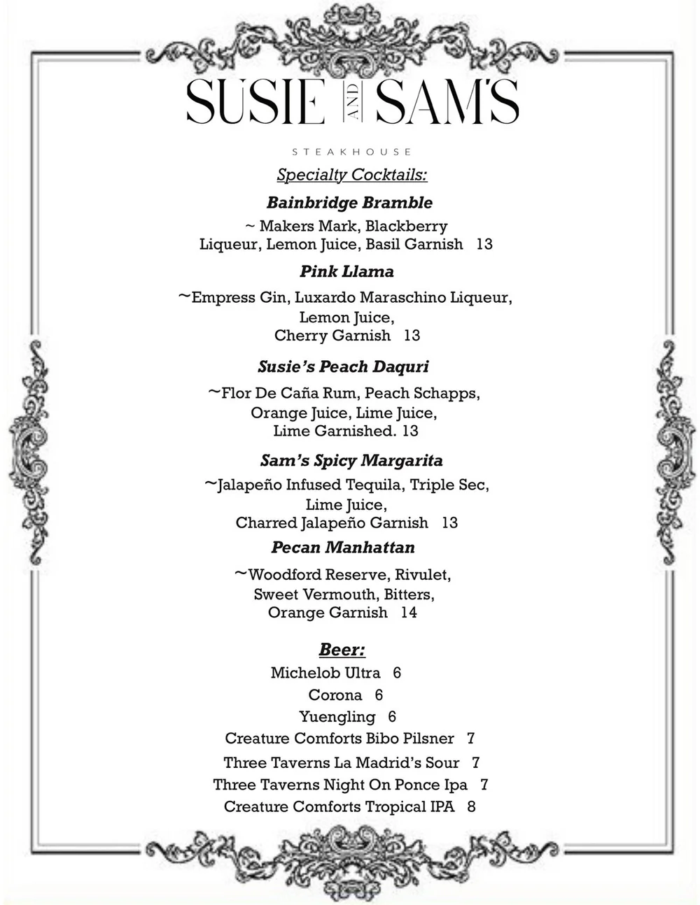 Menu — Susie and Sam's Steakhouse