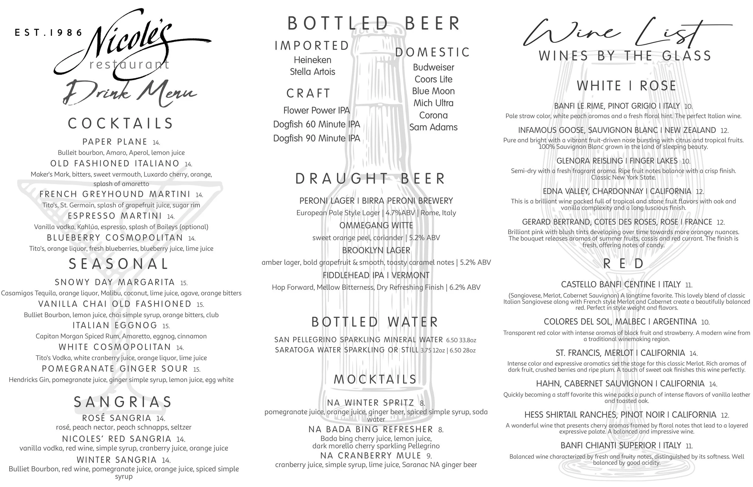 Dinner Menu — Nicole's Restaurant