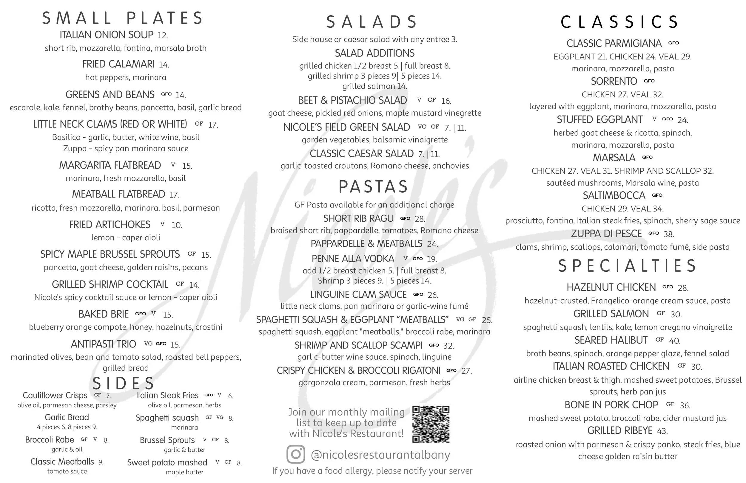 Dinner Menu — Nicole's Restaurant
