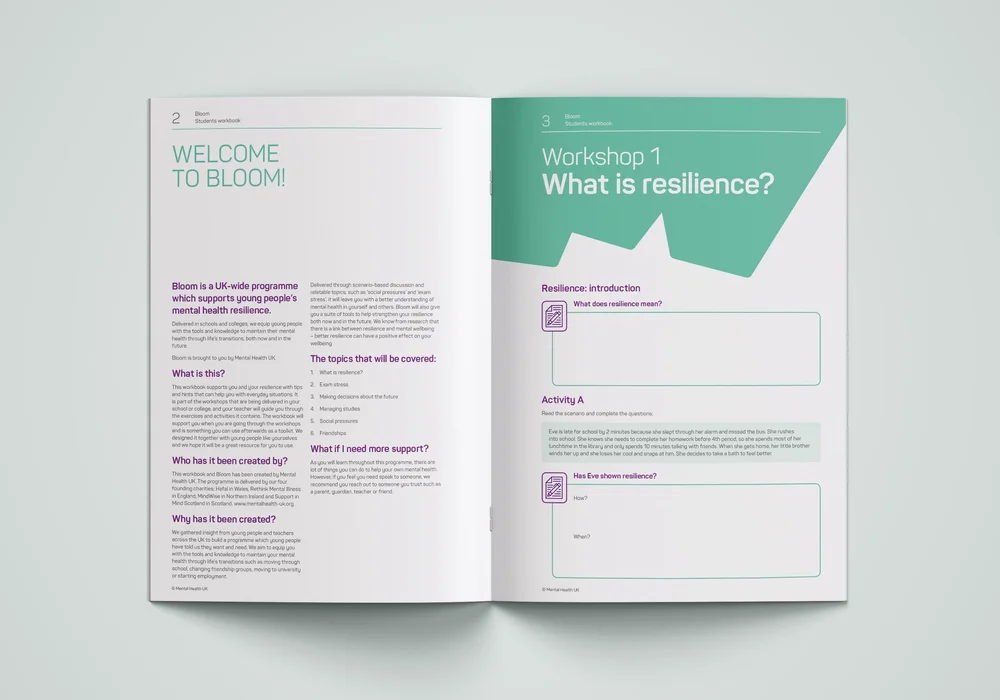 Workbook design for MHUK — Sarah Fisher graphic design portfolio