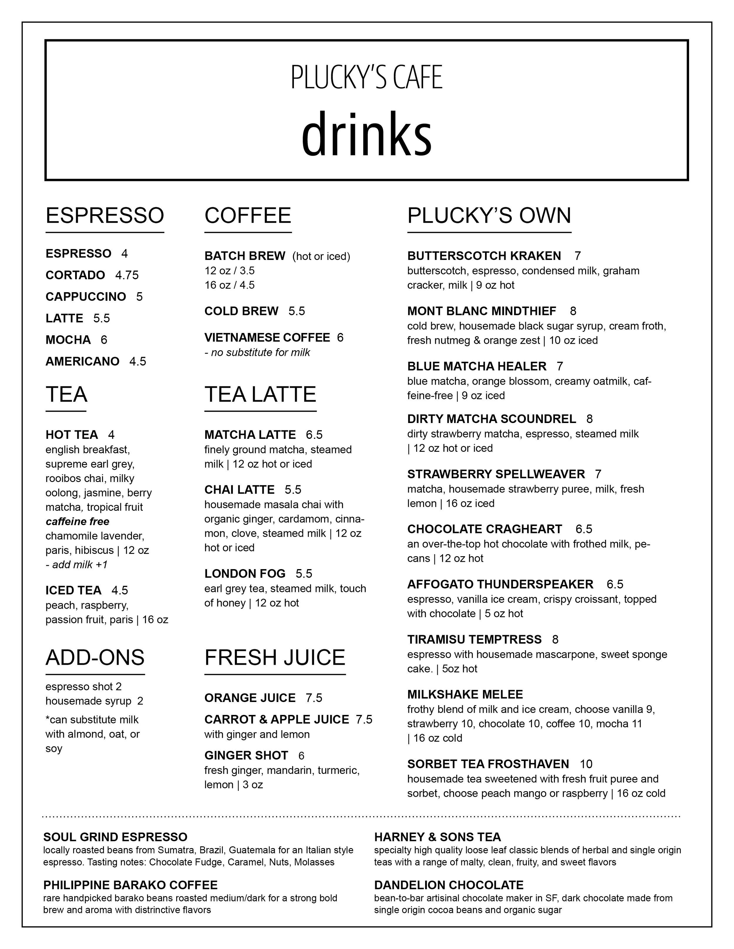 Menu — PLUCKY'S CAFE