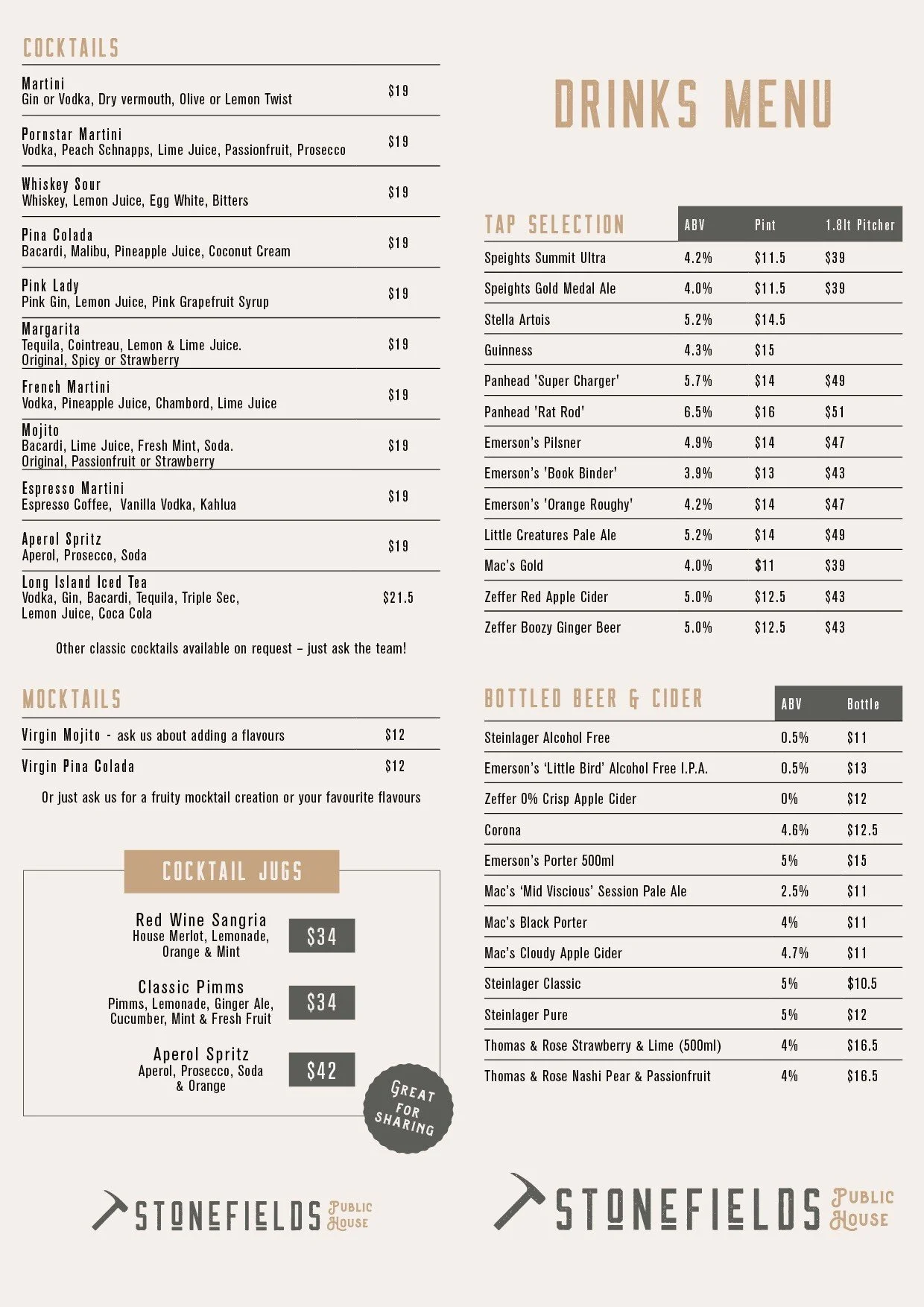 Menu — Stonefields Public House
