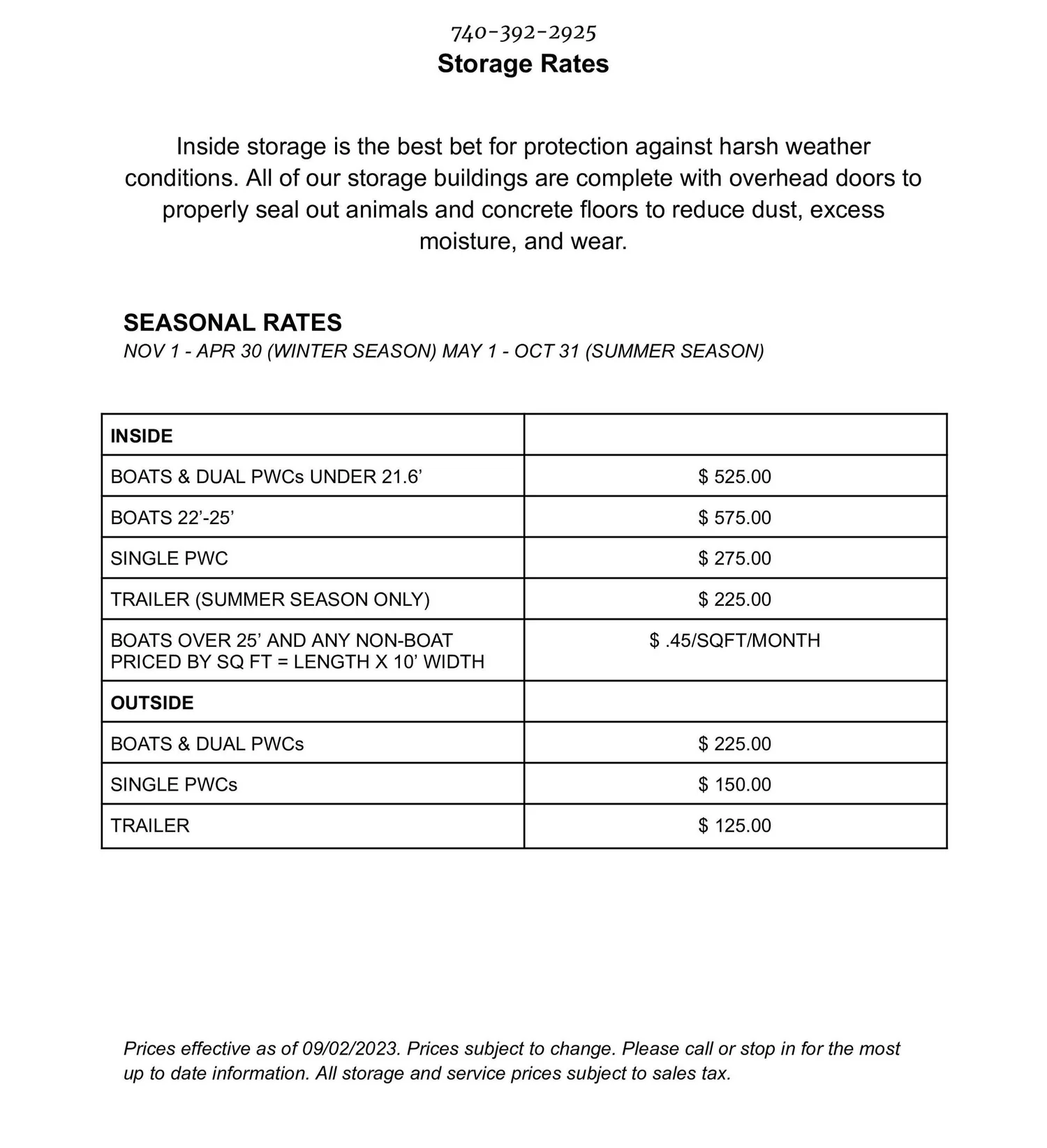 STORAGE RATES — The Pier