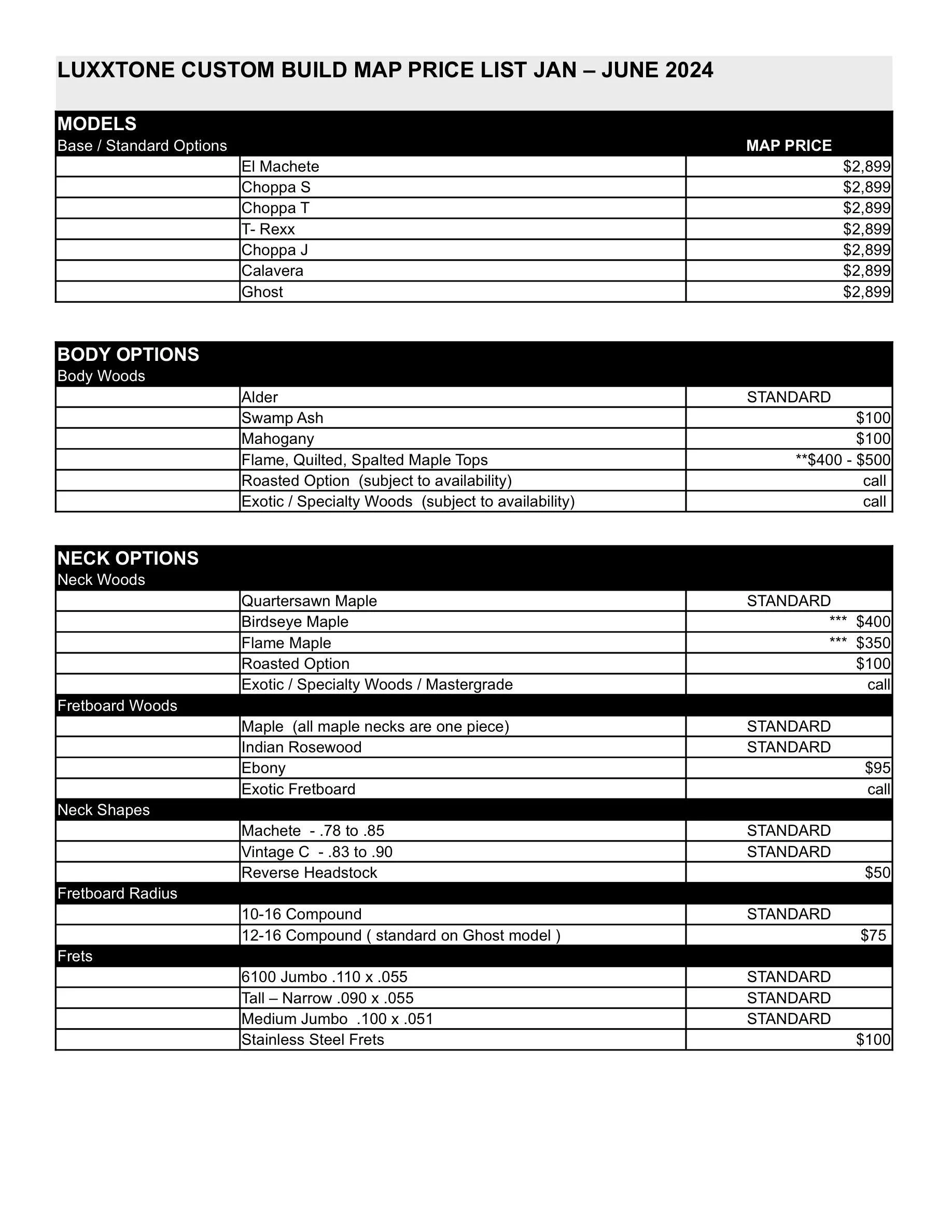 Pricing List — Luxxtone Guitars