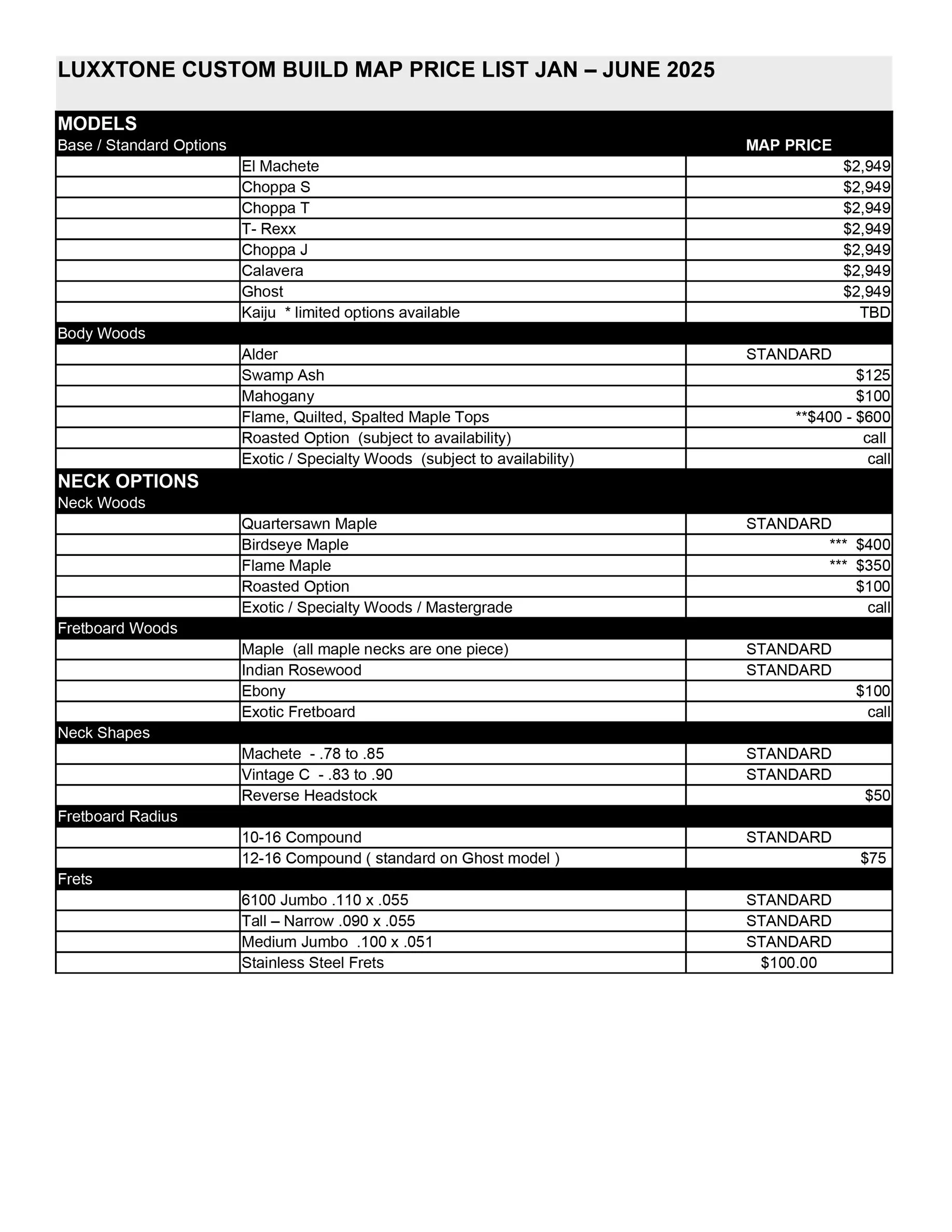 Pricing List — Luxxtone Guitars