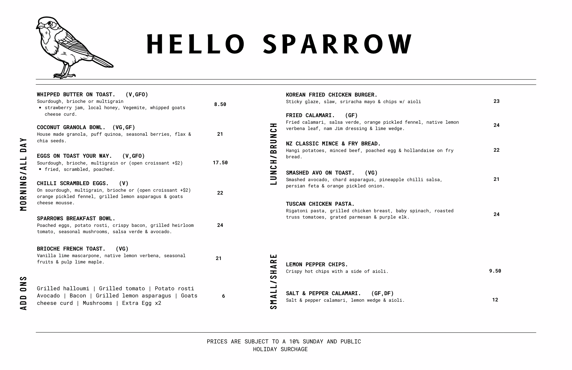 Menu | Hello Sparrow