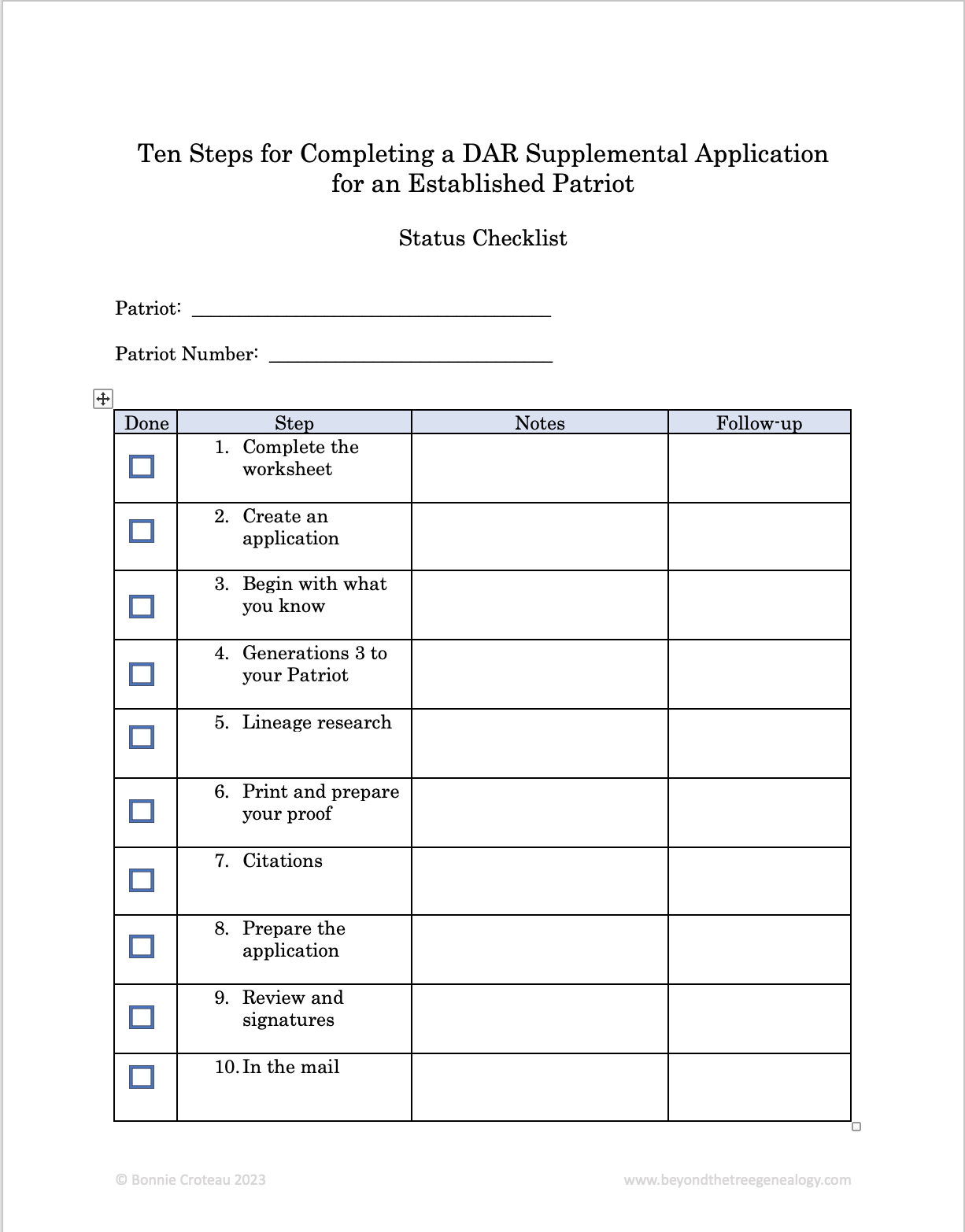DAR Supplement Manual, Worksheet, and Checklist — Beyond the Tree Genealogy