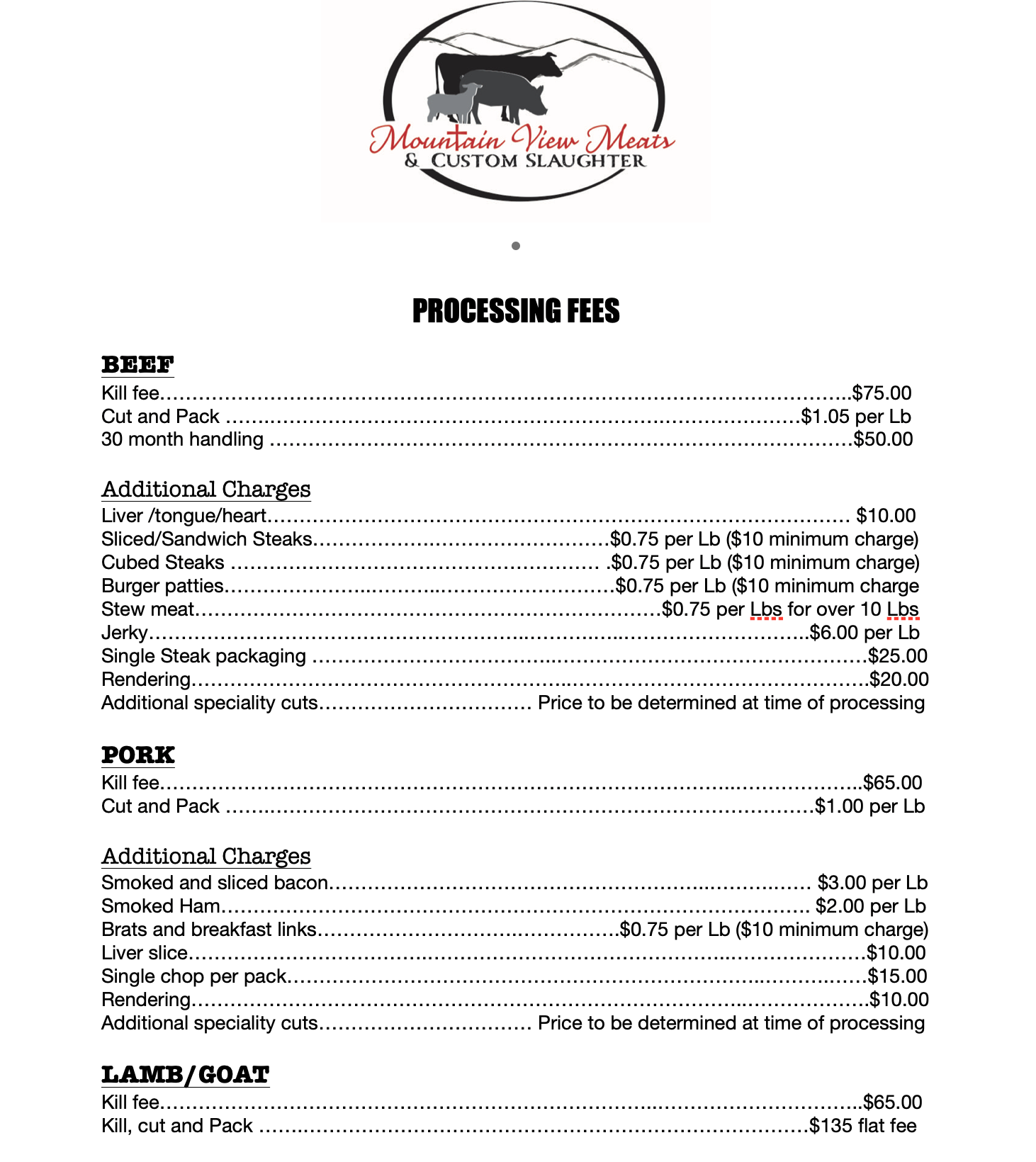 Processing Fees | Service Charges | Custom Butchering Costs ...