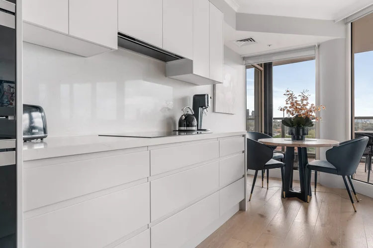 Modern Minimal Kitchen with white cabinetry and Kitchen Island with ...
