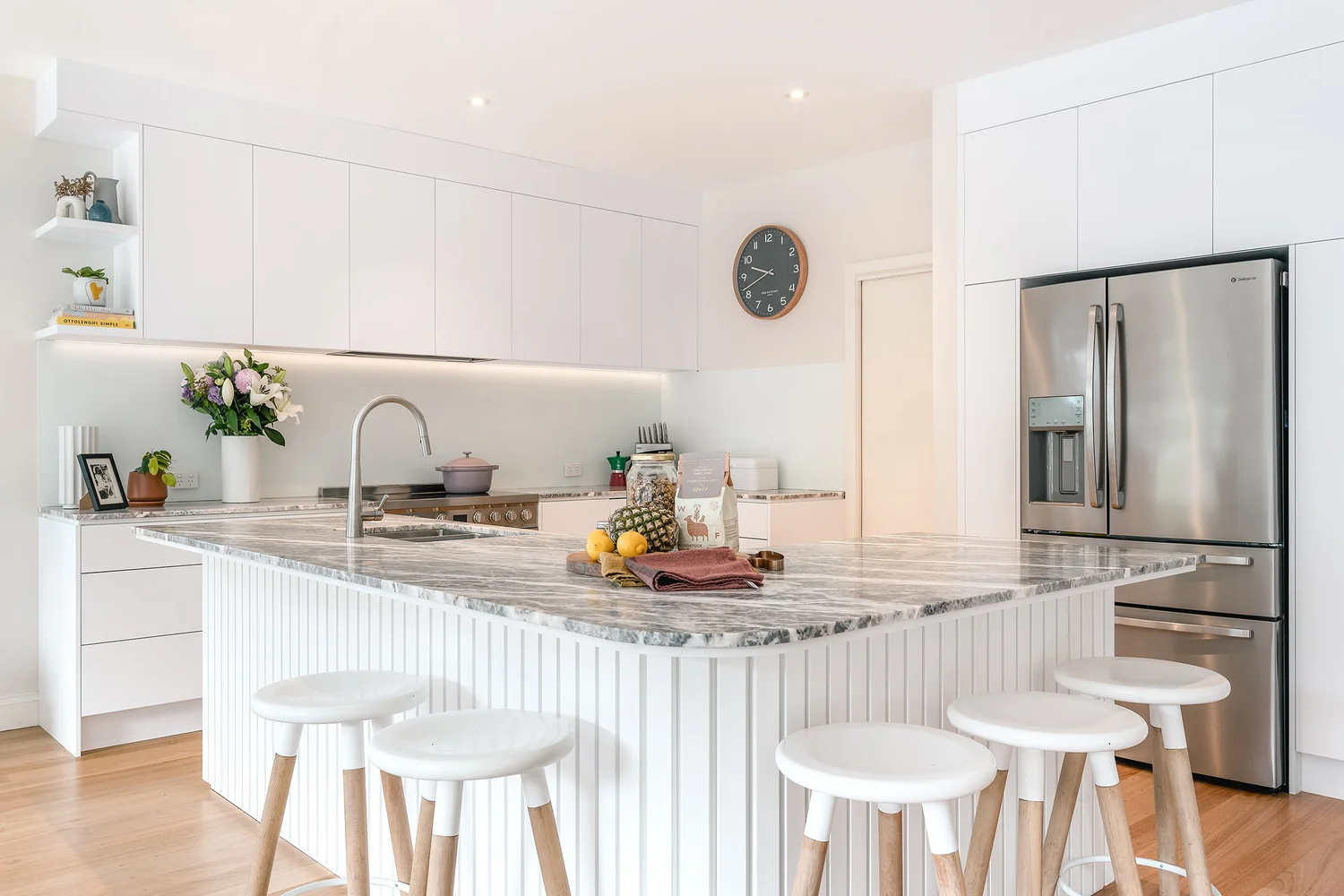Modern Minimal Kitchen with white cabinetry and Kitchen Island with ...