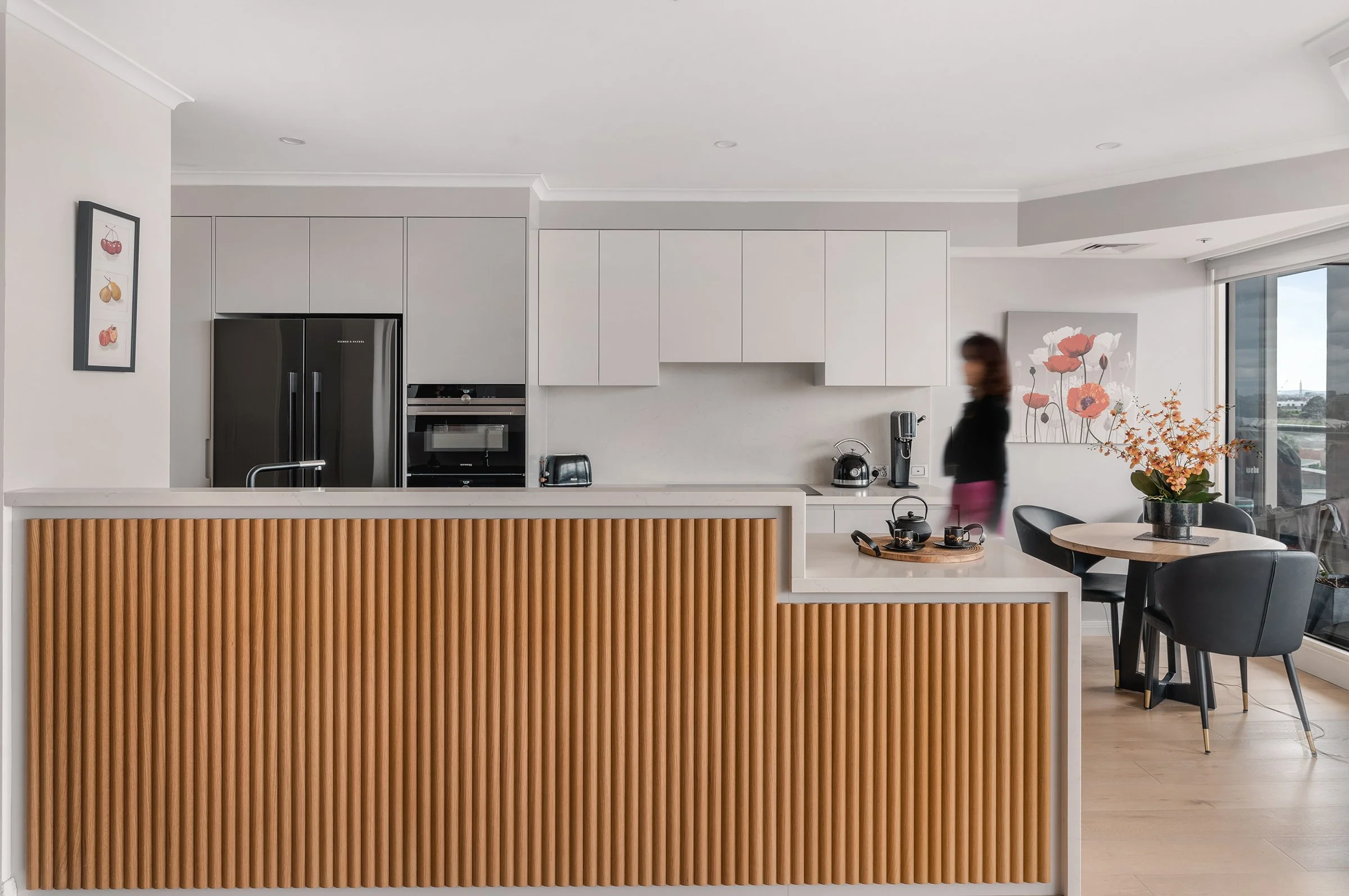 Modern Minimal Kitchen with white cabinetry and Kitchen Island with ...