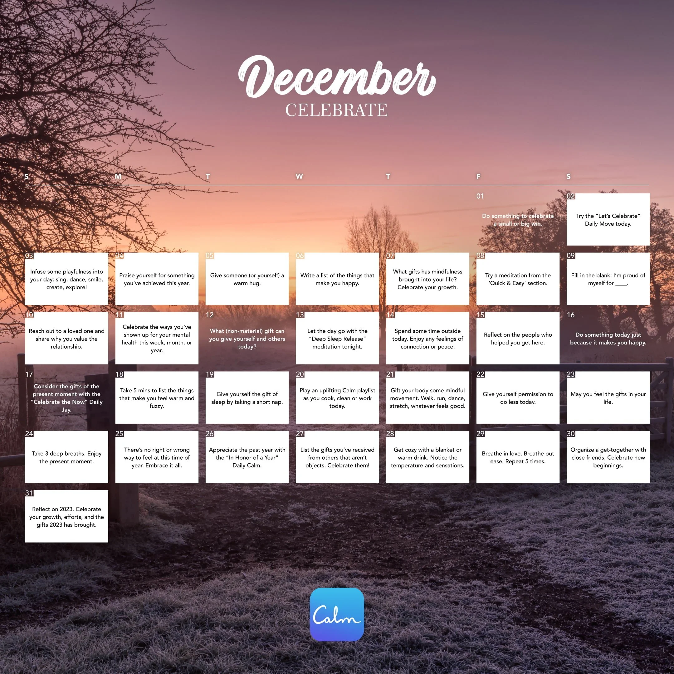 December 2023 Calm Calendar: Take time to celebrate your life and ...