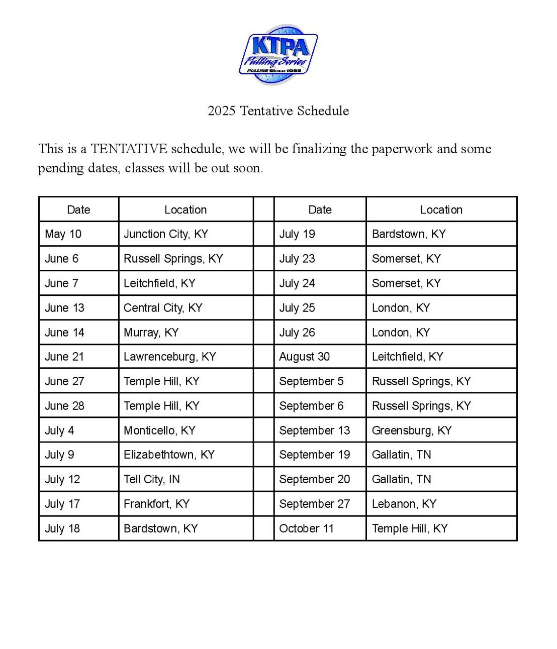 Pull Schedule — KTPA Pulling Series