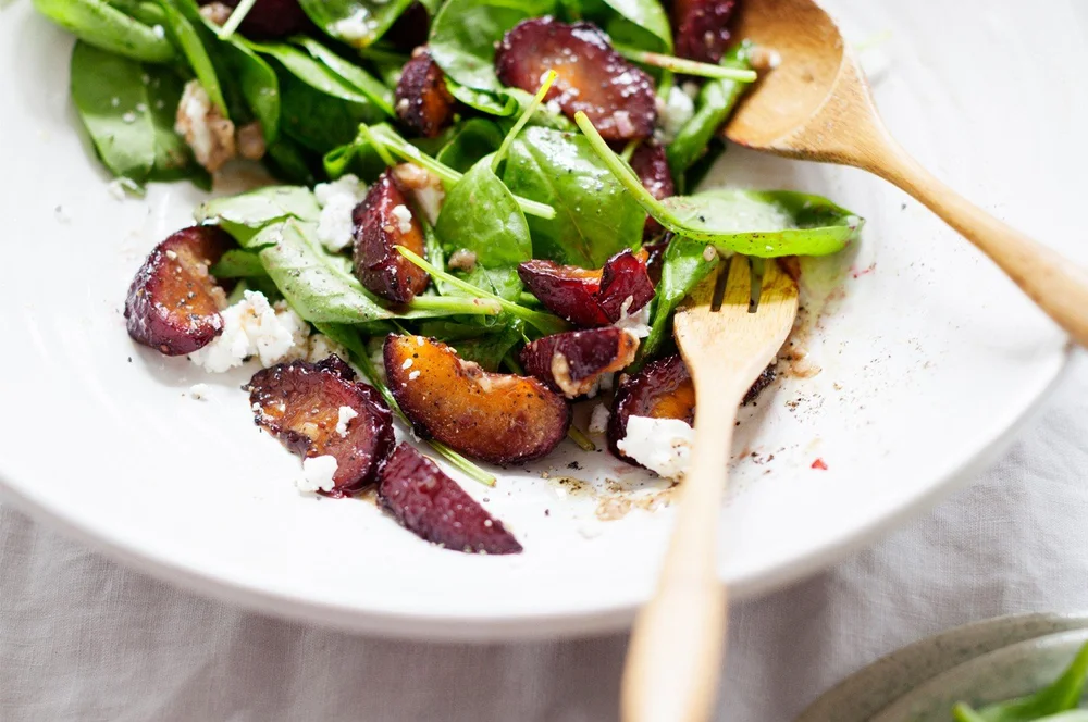 Balsamic Roasted Plum Salad with Spinach and Goat Cheese — Nikki Bostwick