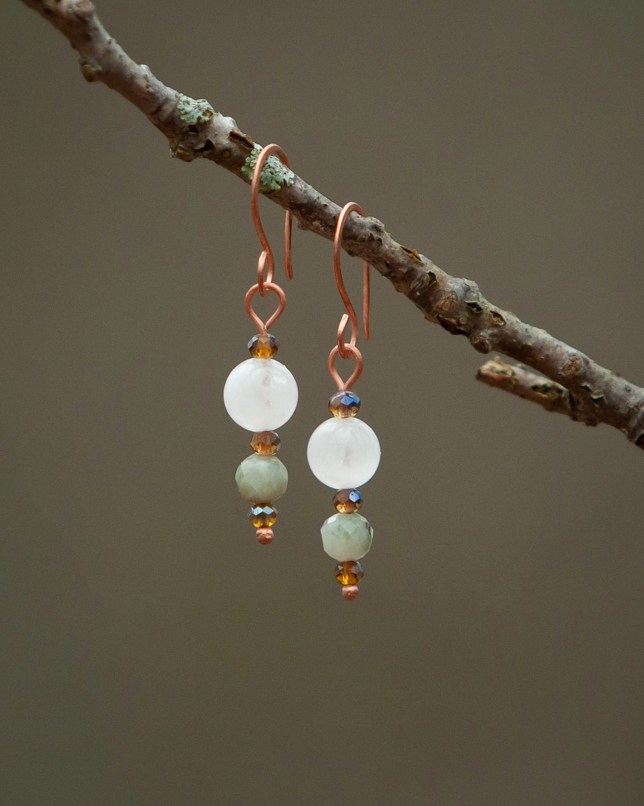 white and green jade earrings with amber glass beads — birds in boughs ...