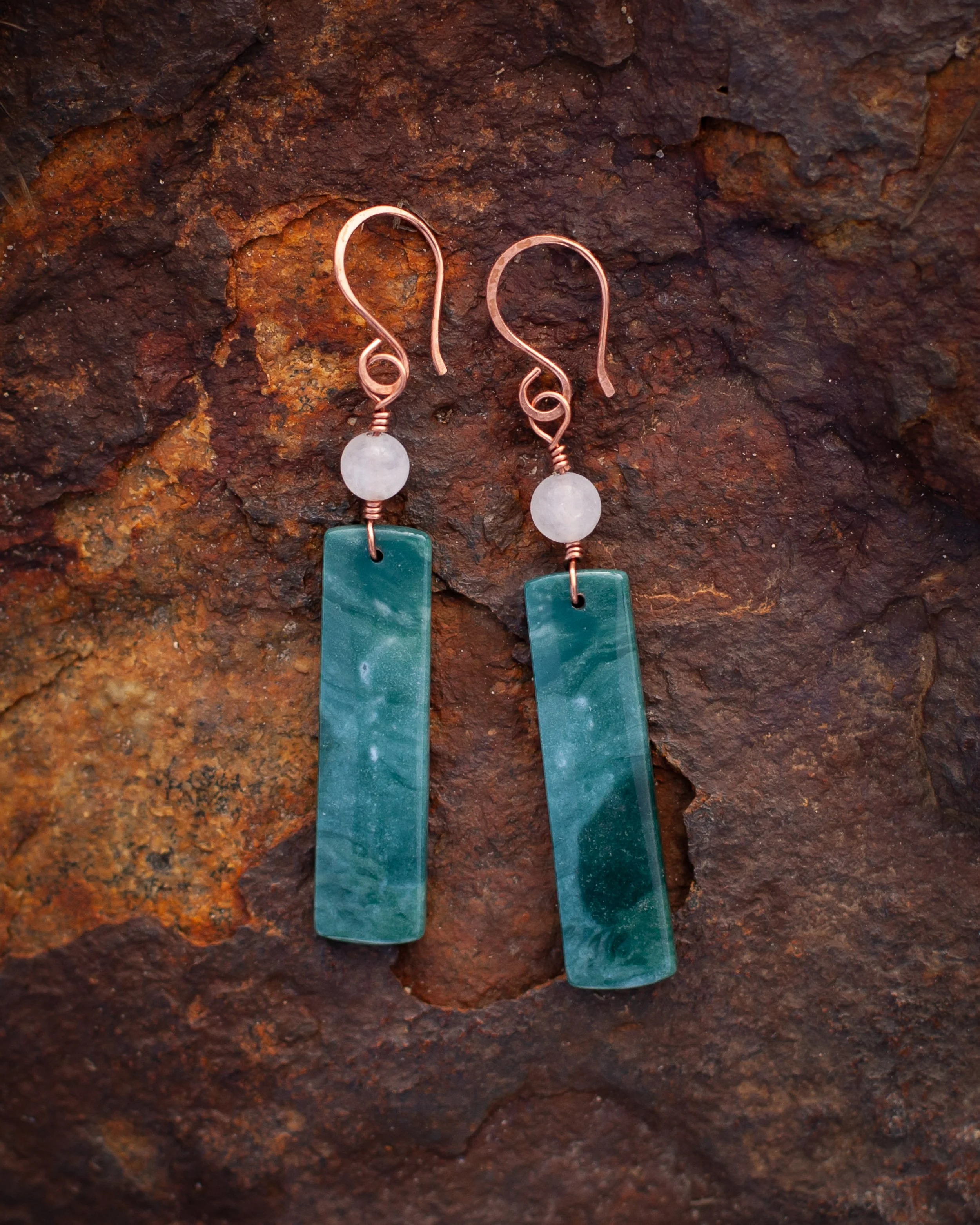 Green Bar Stone Jade and Copper Earrings — birds in boughs | artisan ...