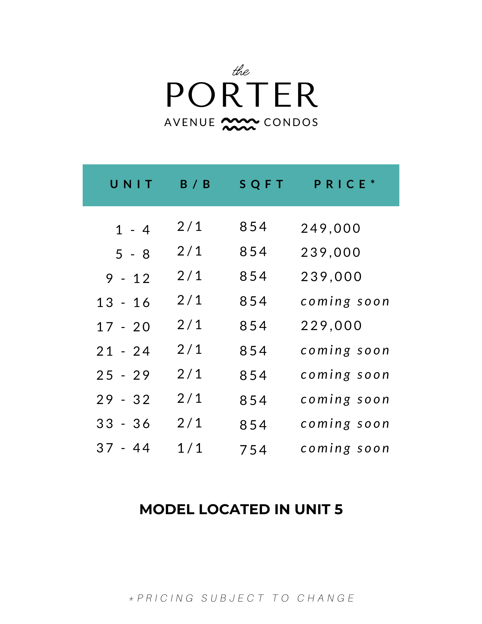 Price Sheet — The Porter Condos