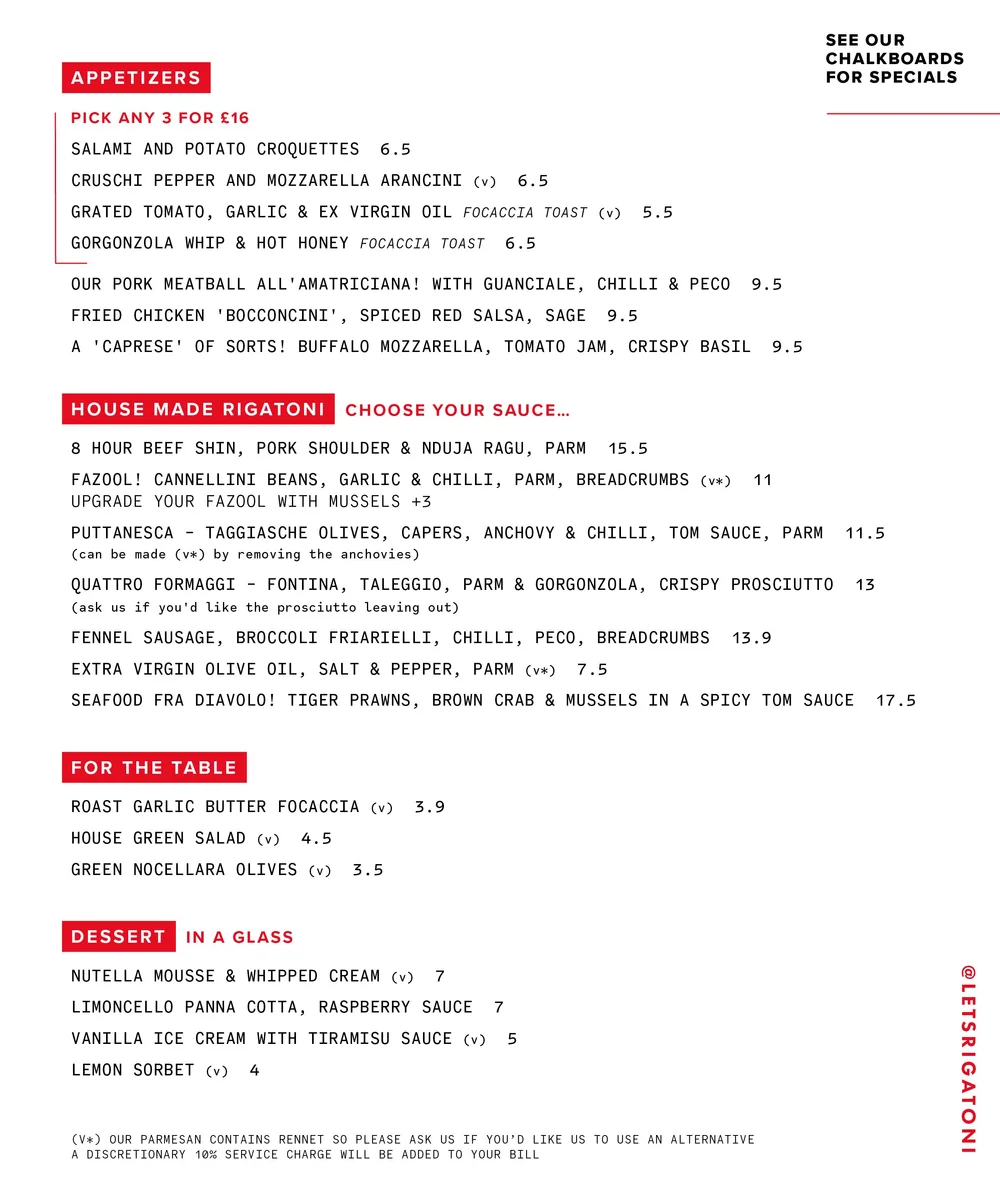 MENU — RIGATONI'S