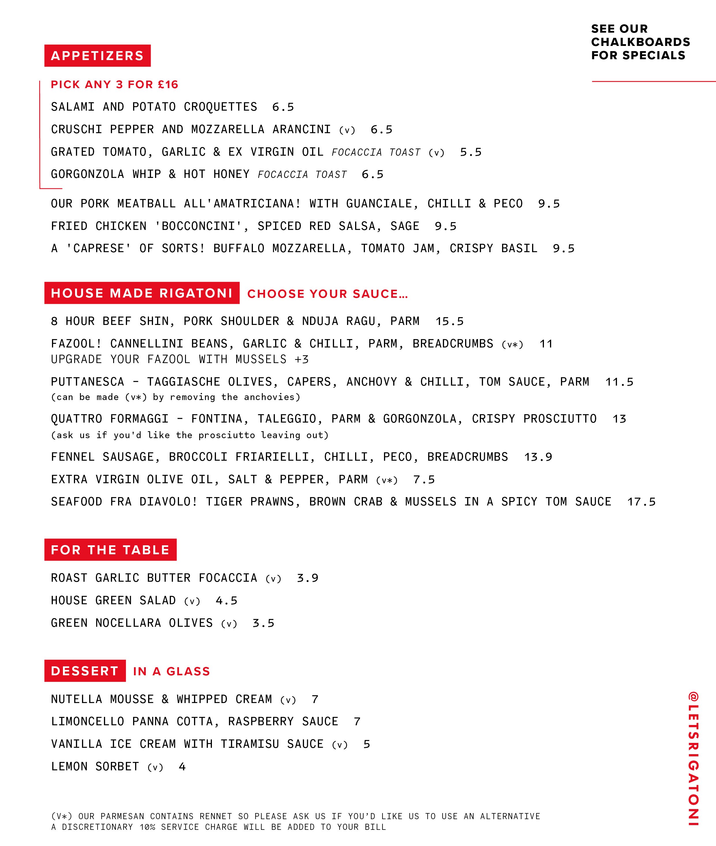 MENU — RIGATONI'S