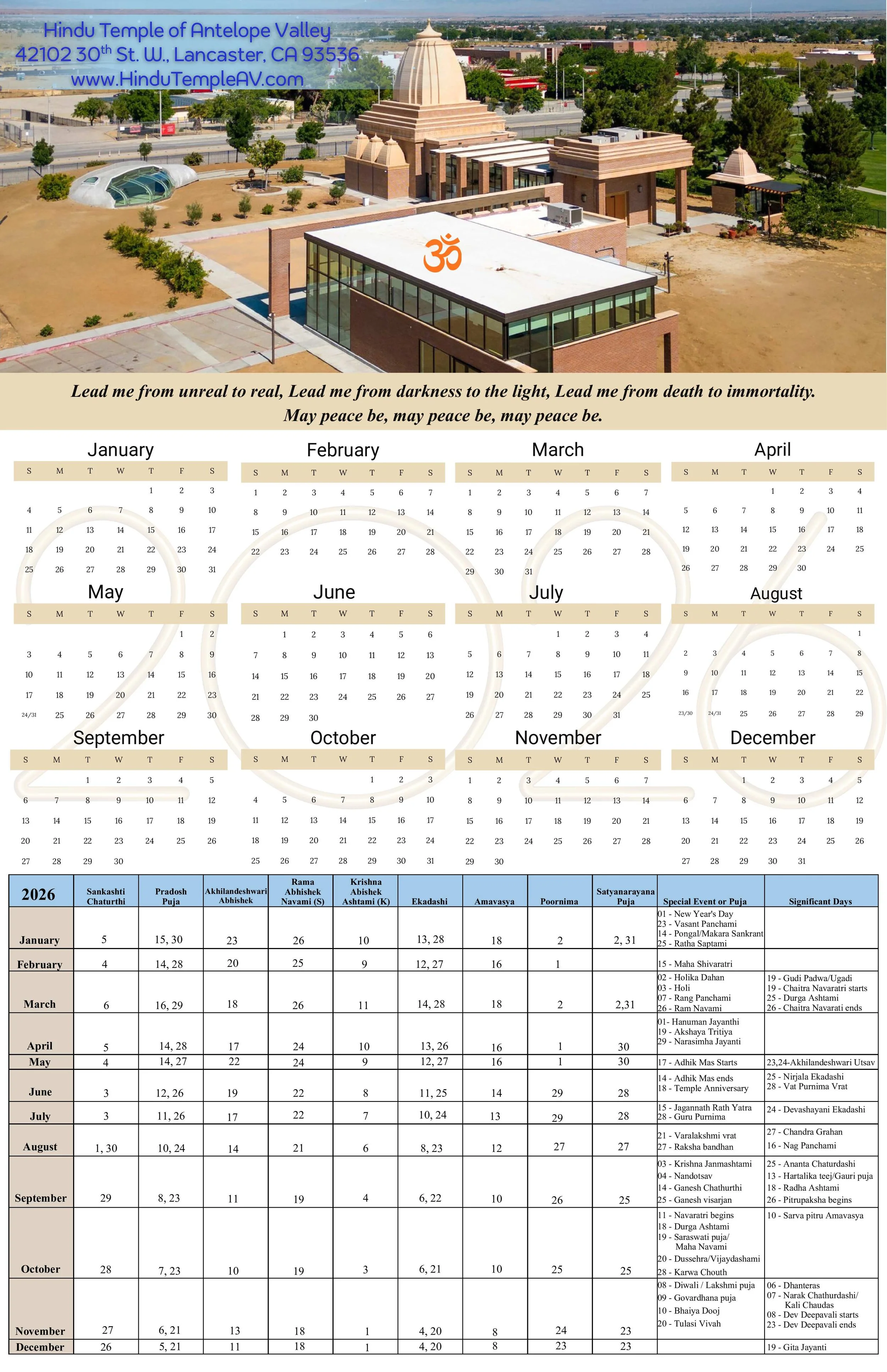 Yearly Calendar — Hindu Temple Antelope Valley