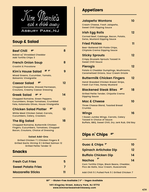 MENUS — Kim Marie's Eat n' Drink Away — Asbury Park's Irish Pub and ...