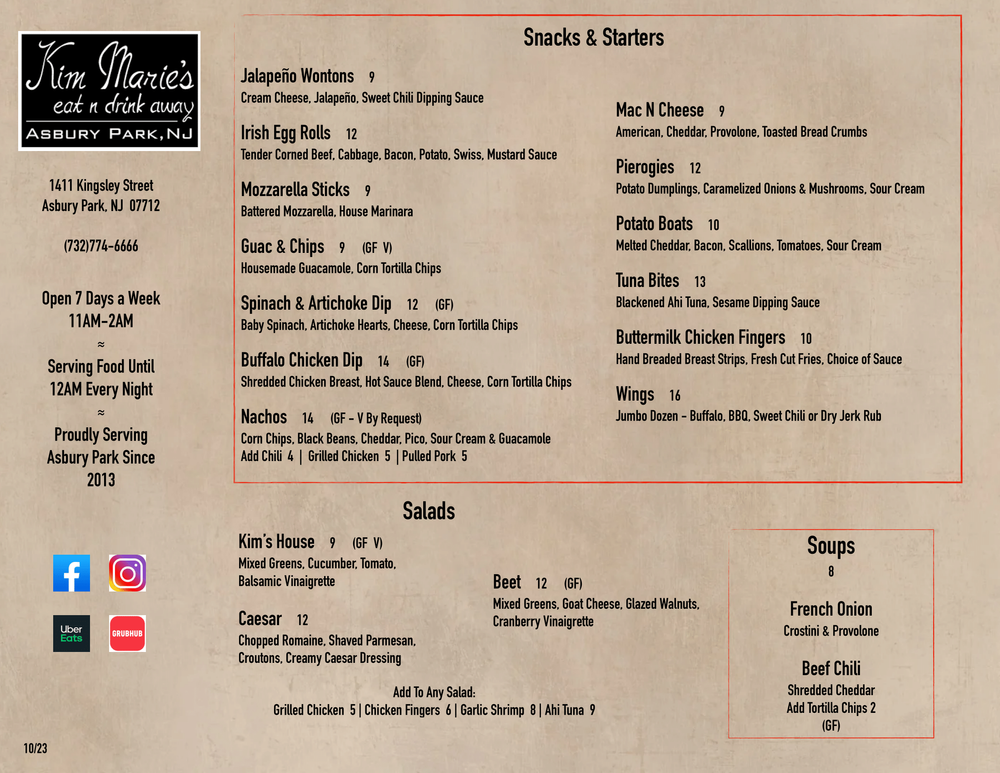 MENUS — Kim Marie's Eat n' Drink Away — Asbury Park's Irish Pub and ...