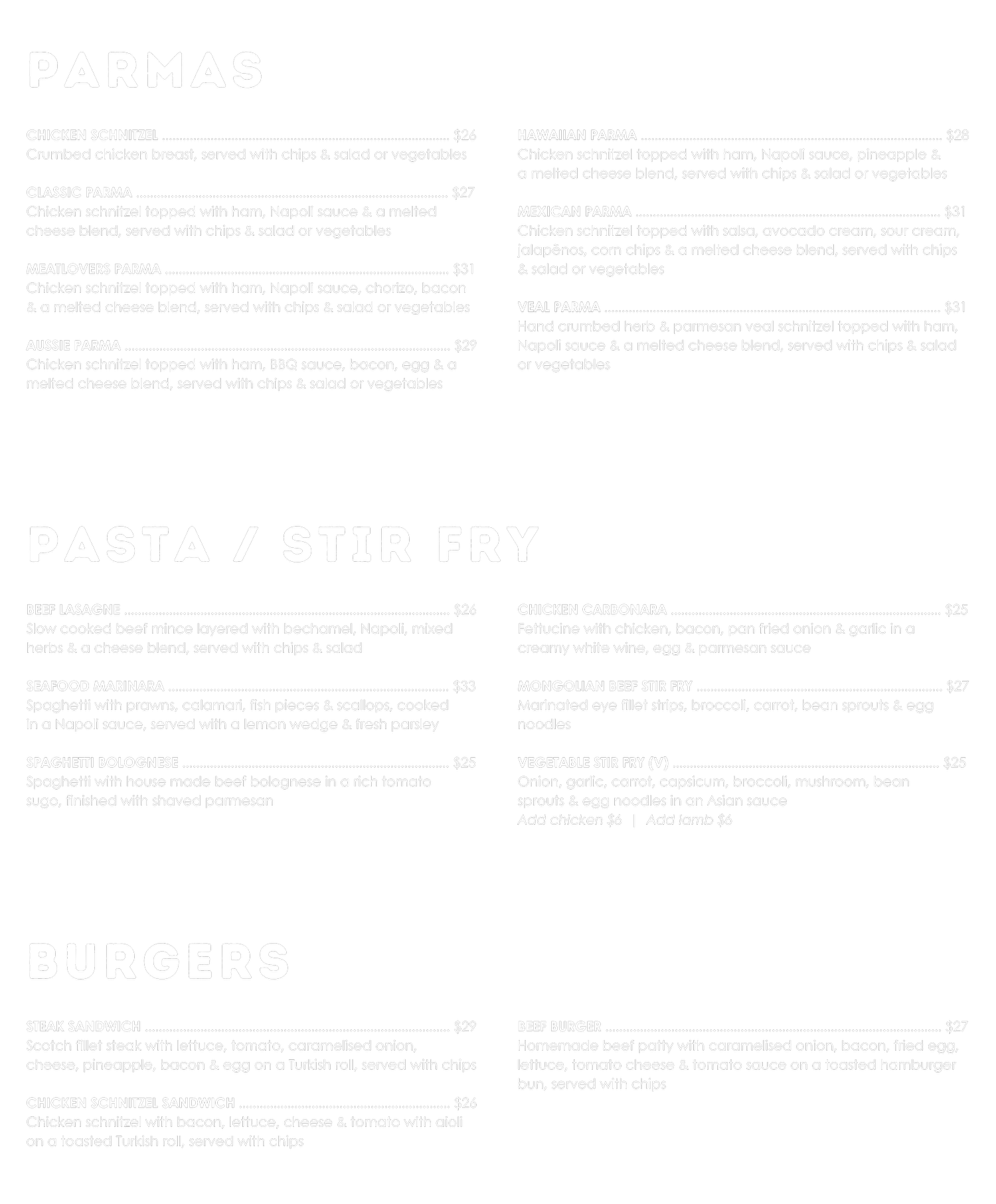 Bistro Menu — Mac's Hotel