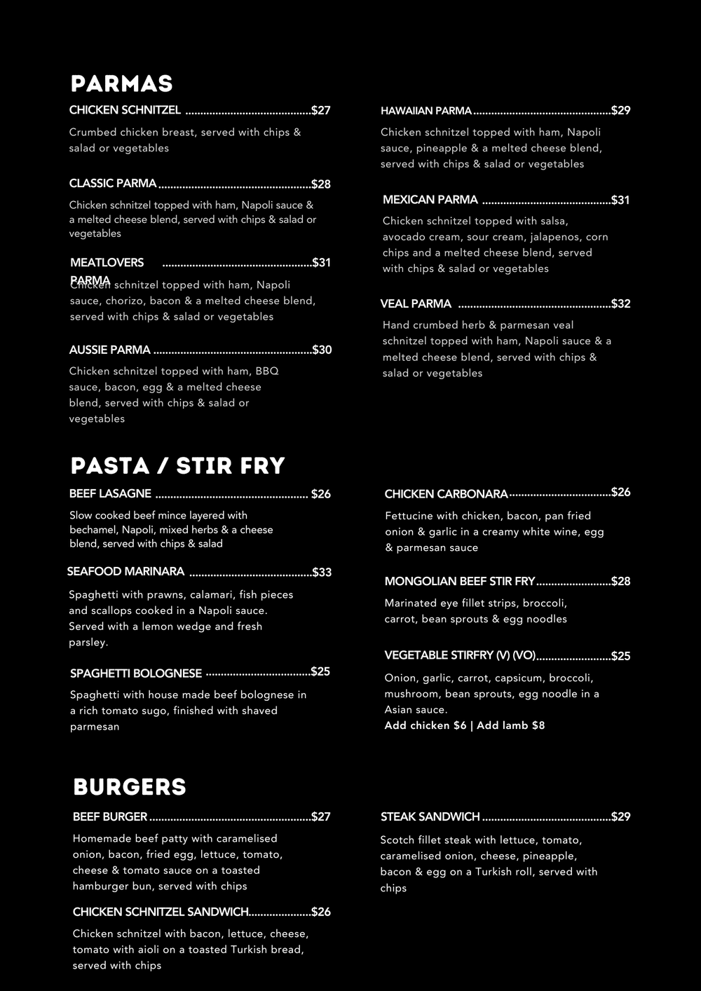 Bistro Menu — Mac's Hotel