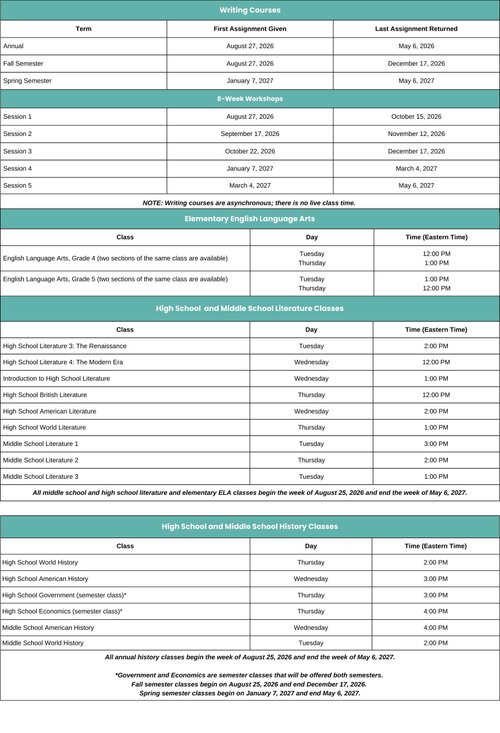 Course Calendar — WriteAtHome.com