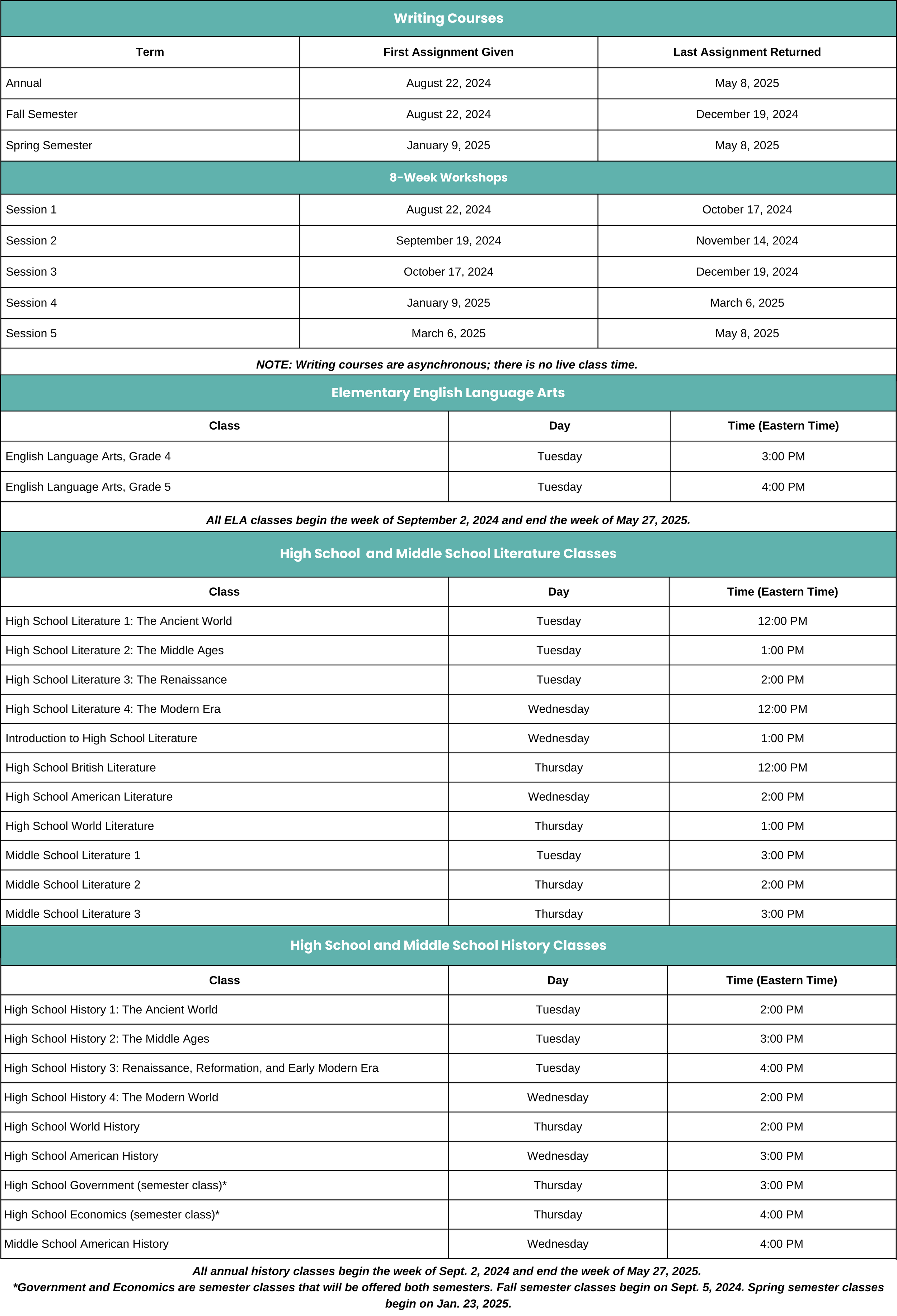 Course Calendar — WriteAtHome.com