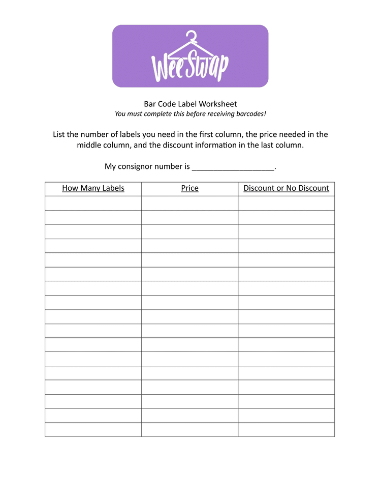 Bar Code Label Worksheet — WeeSwap