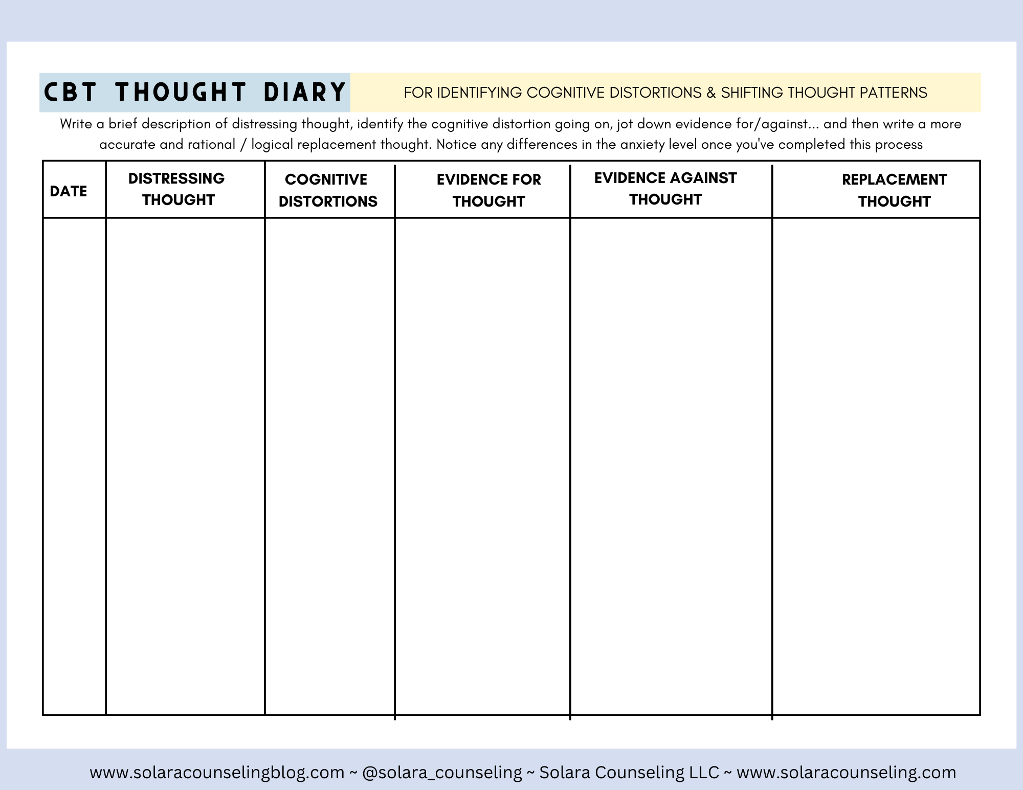 CBT Thought Diary — Solara Counseling LLC
