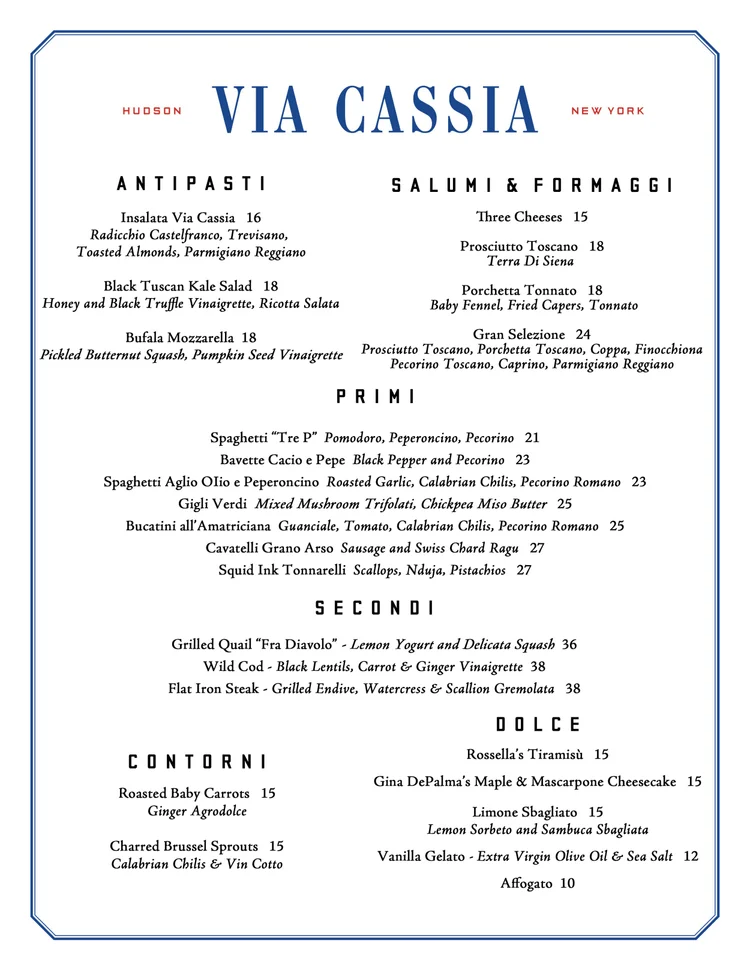 Menu 1 — Via Cassia Hudson