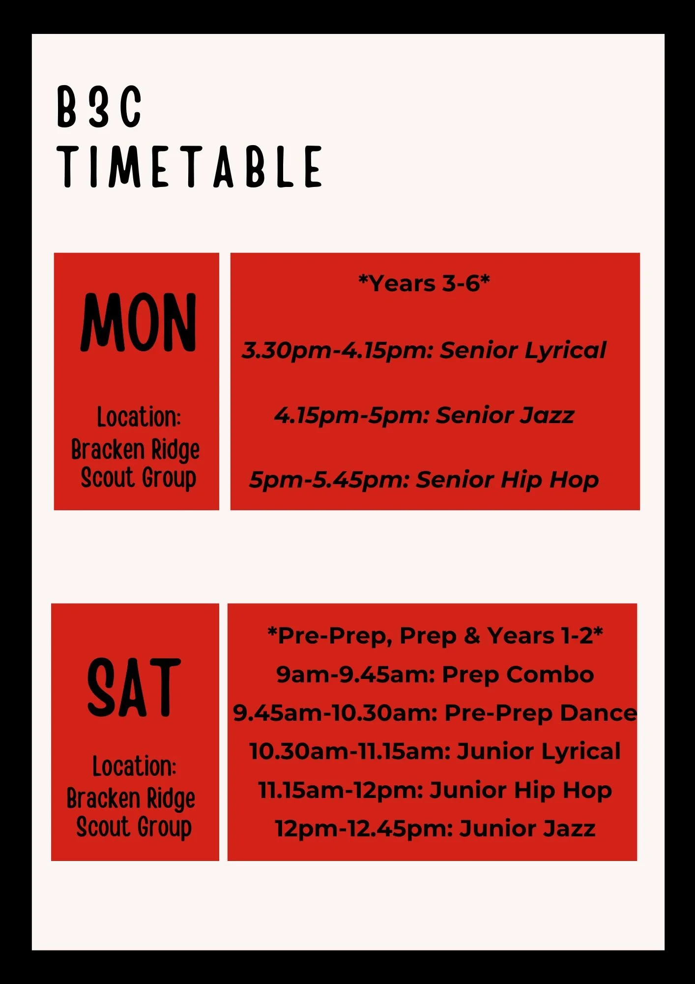Timetable — B3C Studios