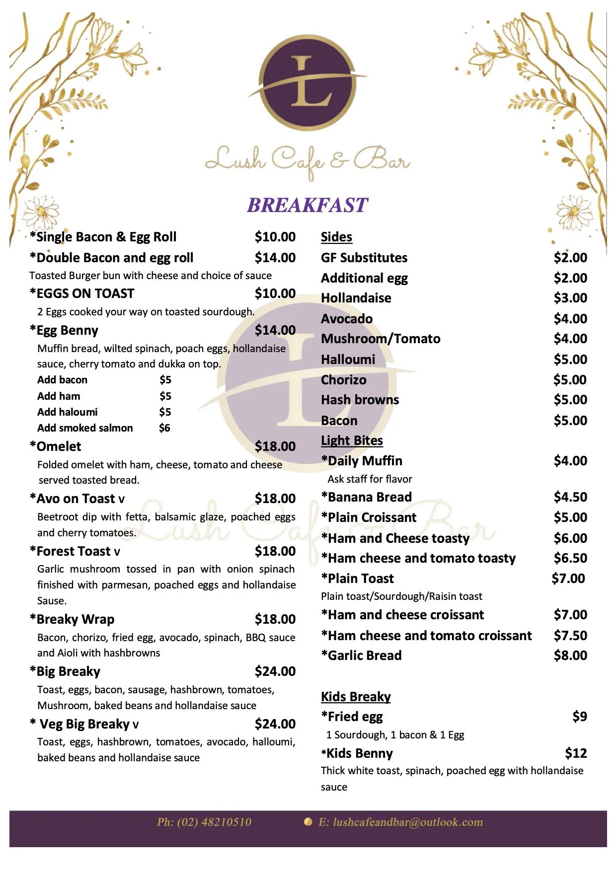 Menu — LUSH CAFE & BAR GOULBURN