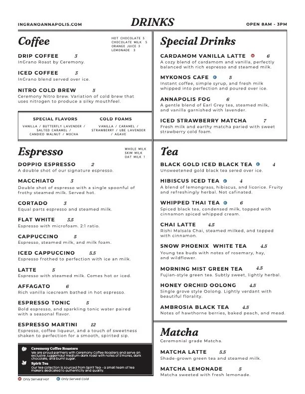 Menu 1 — InGrano Annapolis