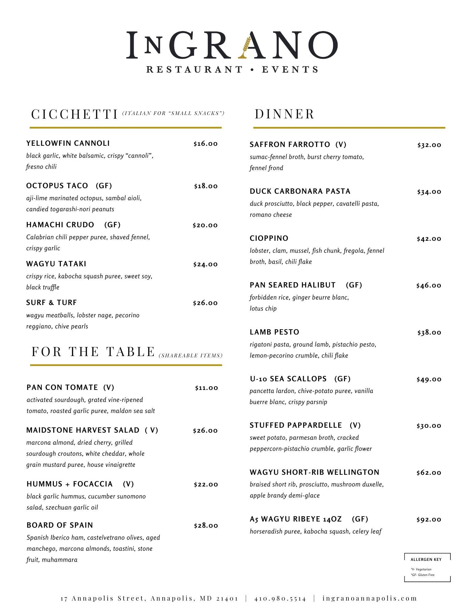 Menu 1 — InGrano Annapolis
