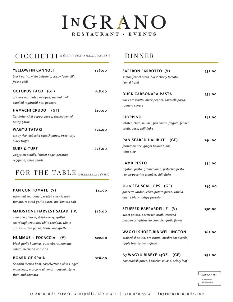 Menu 1 — InGrano Annapolis