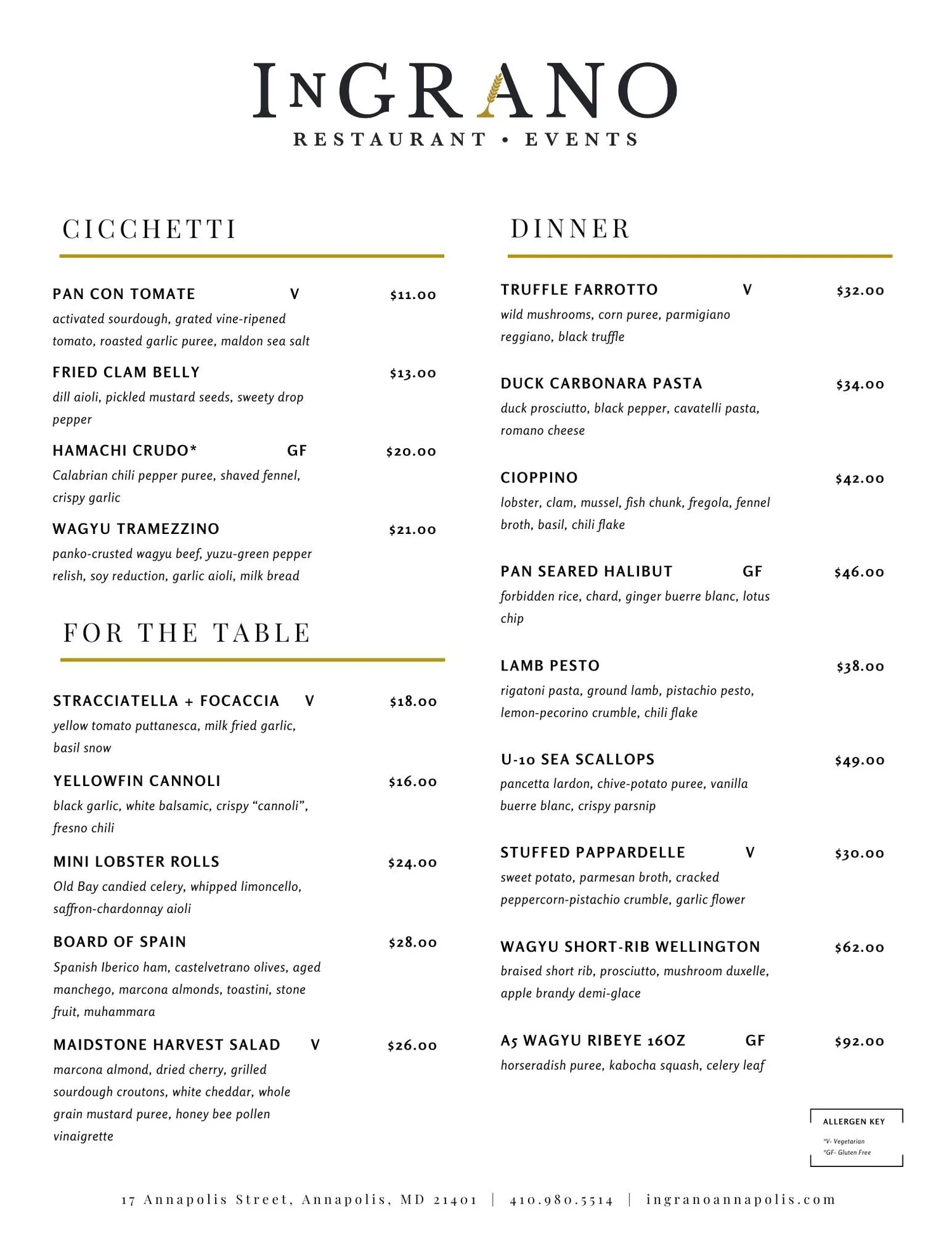 Menu 1 — InGrano Annapolis
