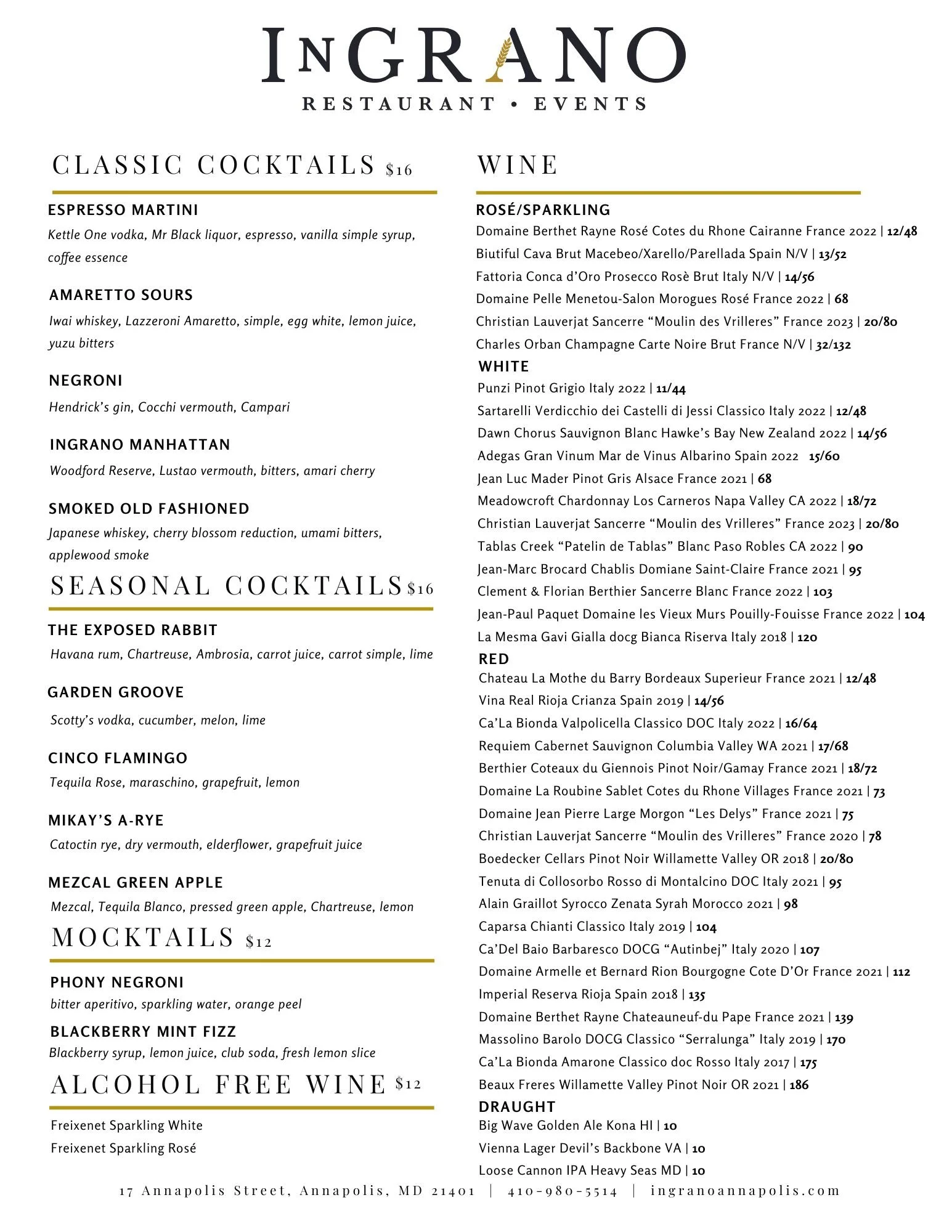Menu 1 — InGrano Annapolis
