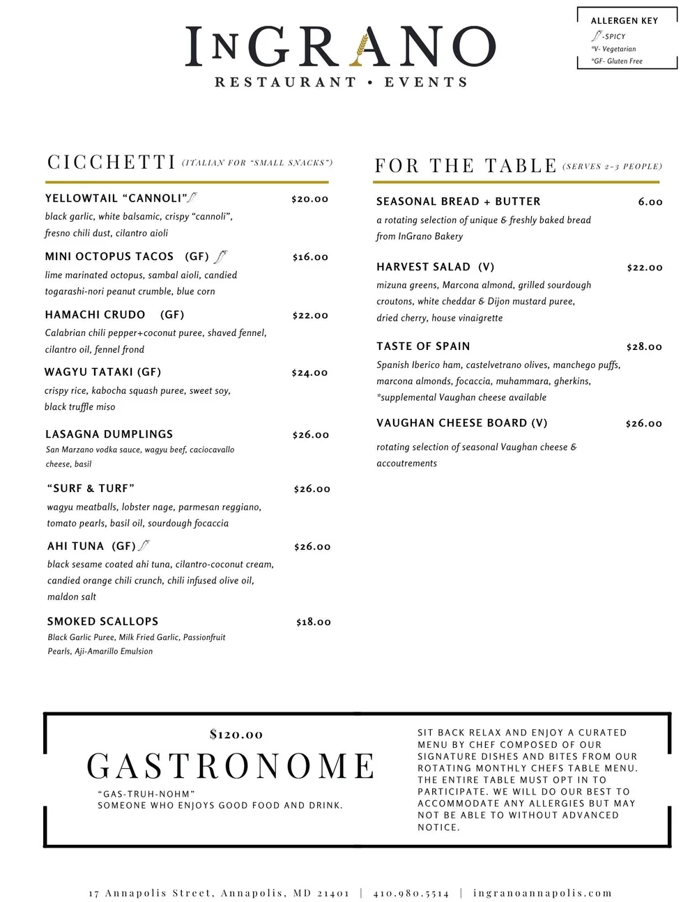 Menu 1 — InGrano Annapolis
