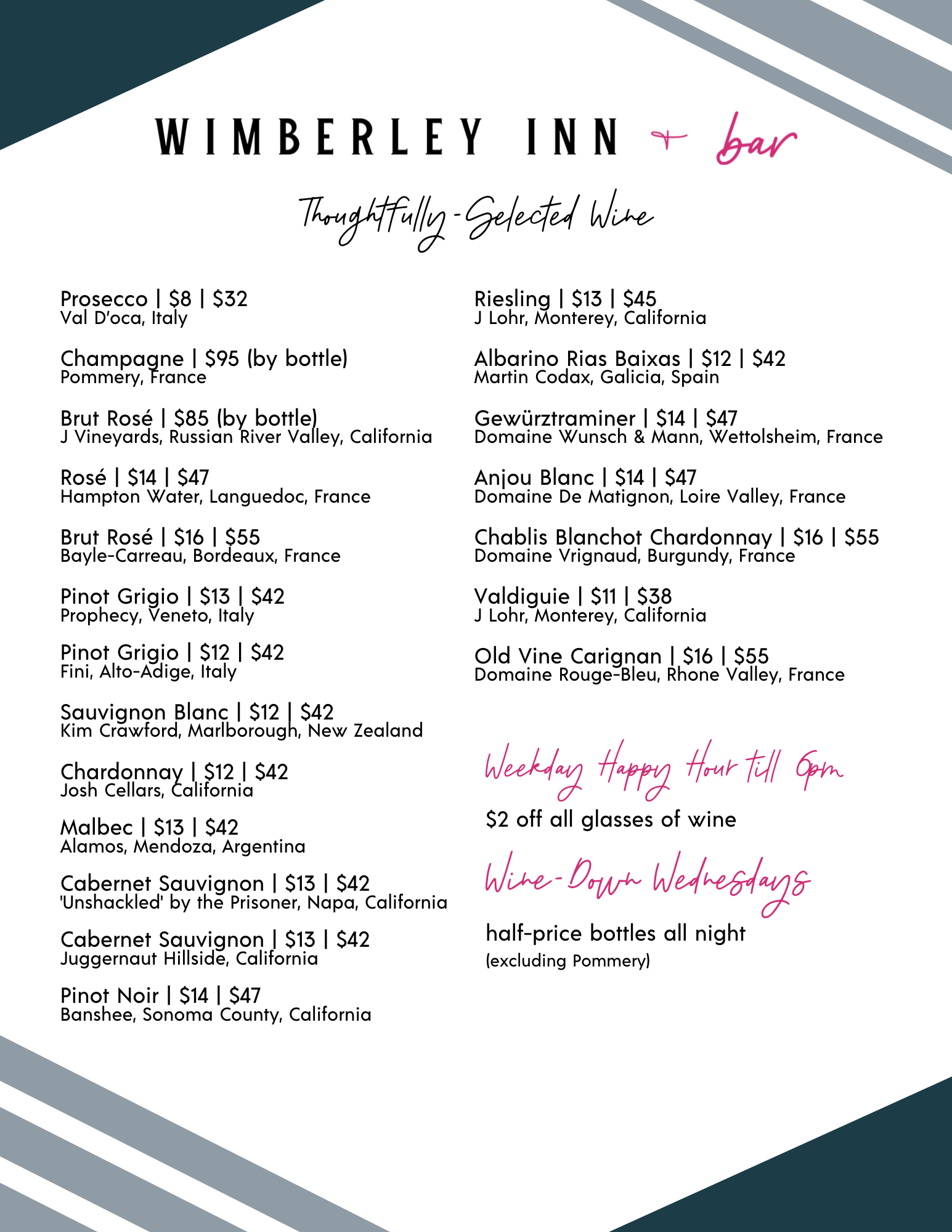 Menu 1 — Wimberley Inn + Bar