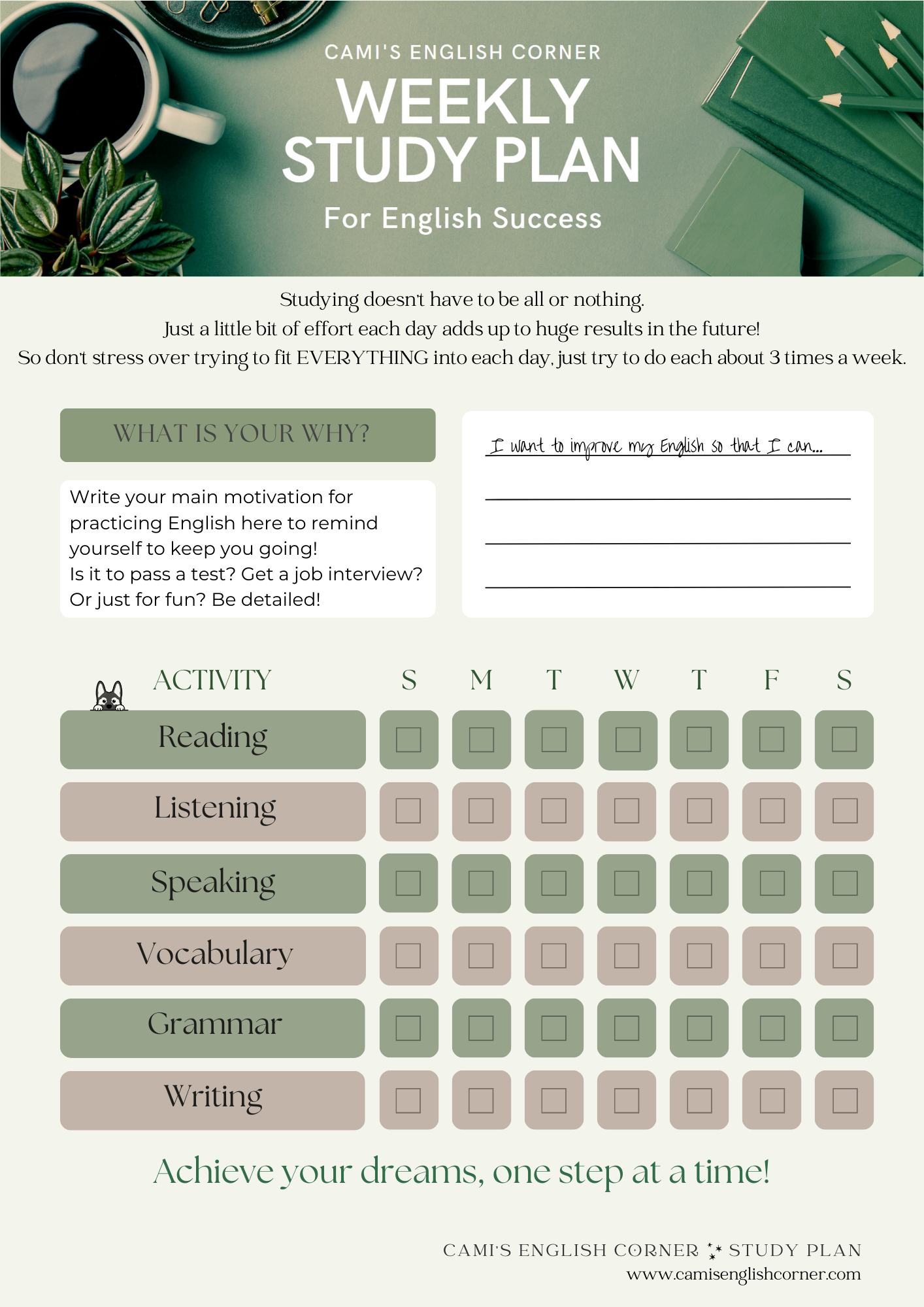 Weekly English Study Plan | Cami's English Corner | Resources to ...
