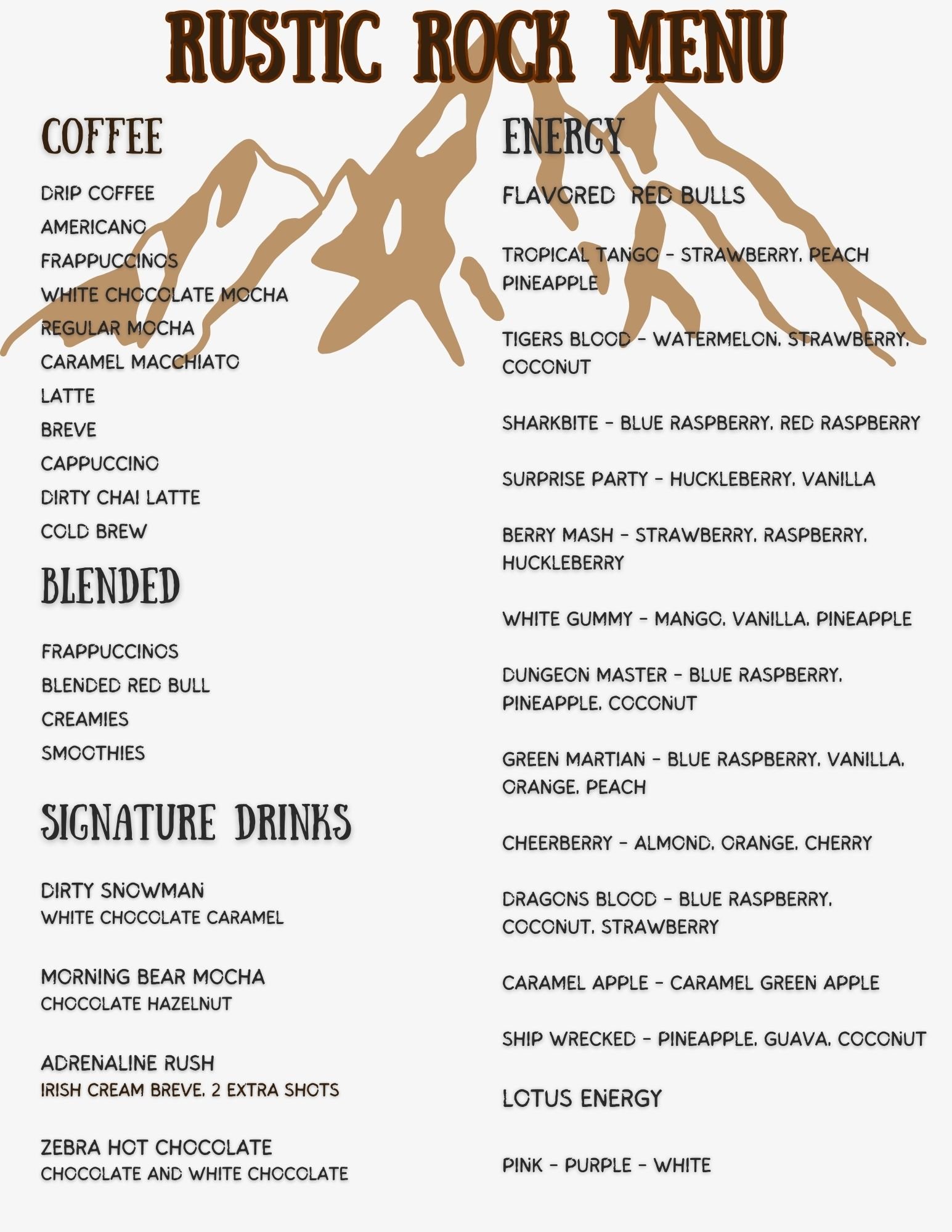 Rustic Rock Coffee Menu — Rustic Rock Coffee