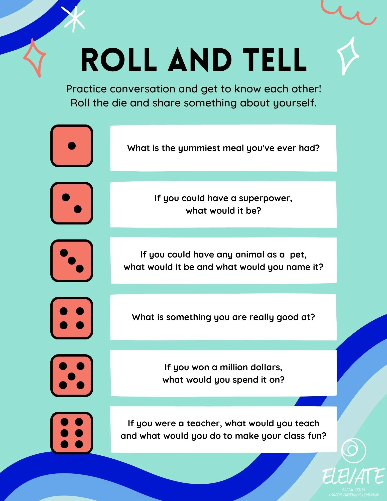Free download: Roll and Tell conversation practice — Elevate Social Skills