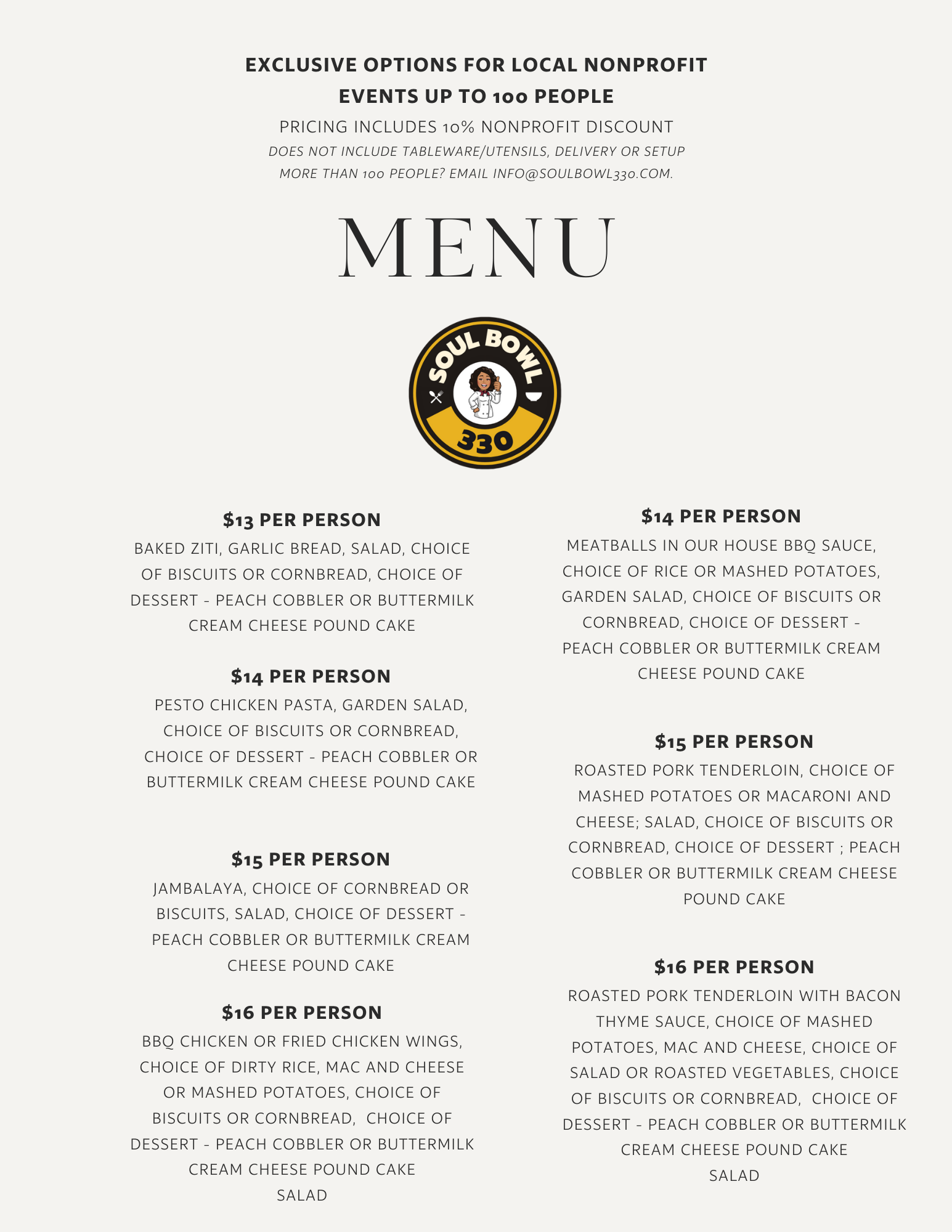Nonprofit Menus | Elevate Your Fundraiser Today — Soul Bowl 330