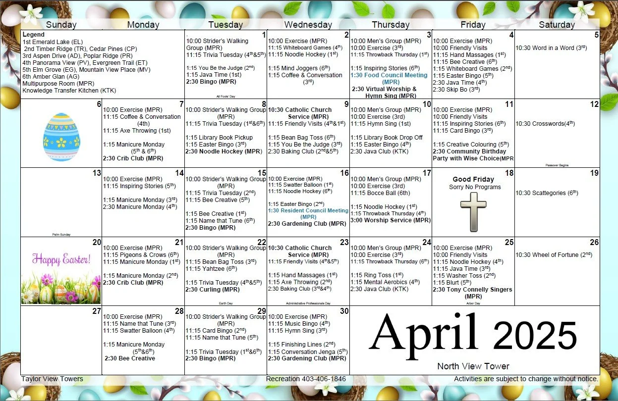 Monthly Recreation Activity Calendars — Taylor View Towers - A Vibrant ...