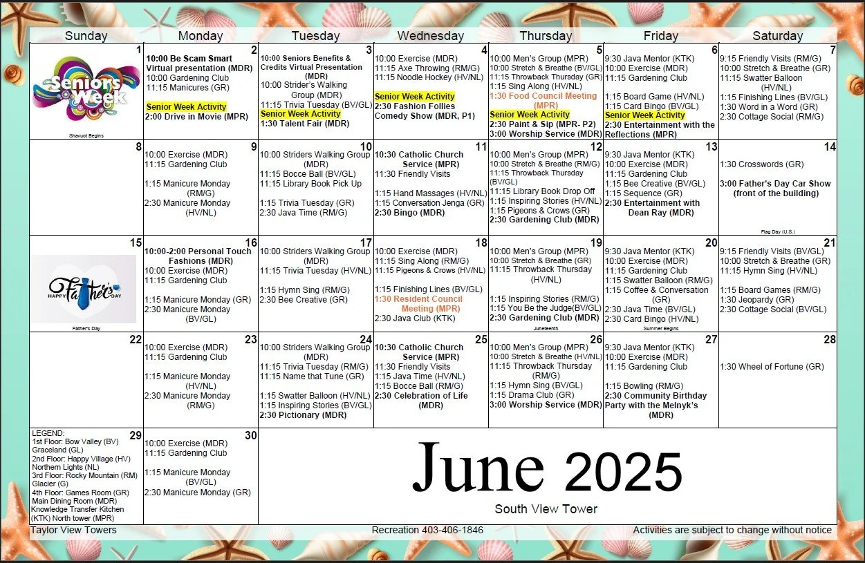 Monthly Recreation Activity Calendars — Taylor View Towers - A Vibrant ...