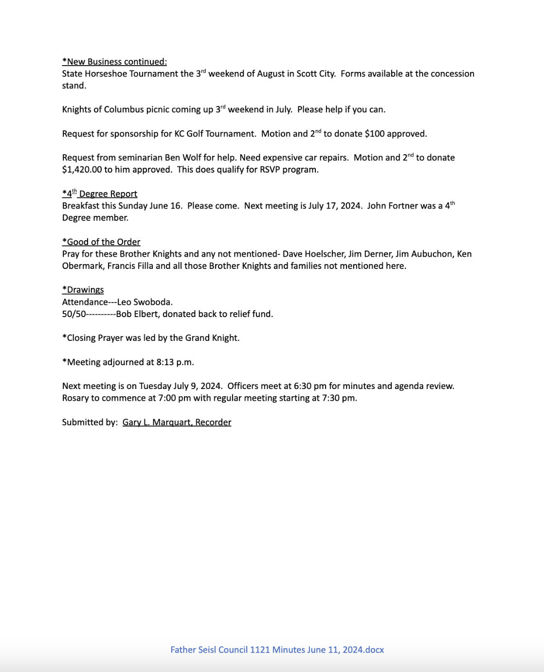 Membership — Knights of Columbus - 1121