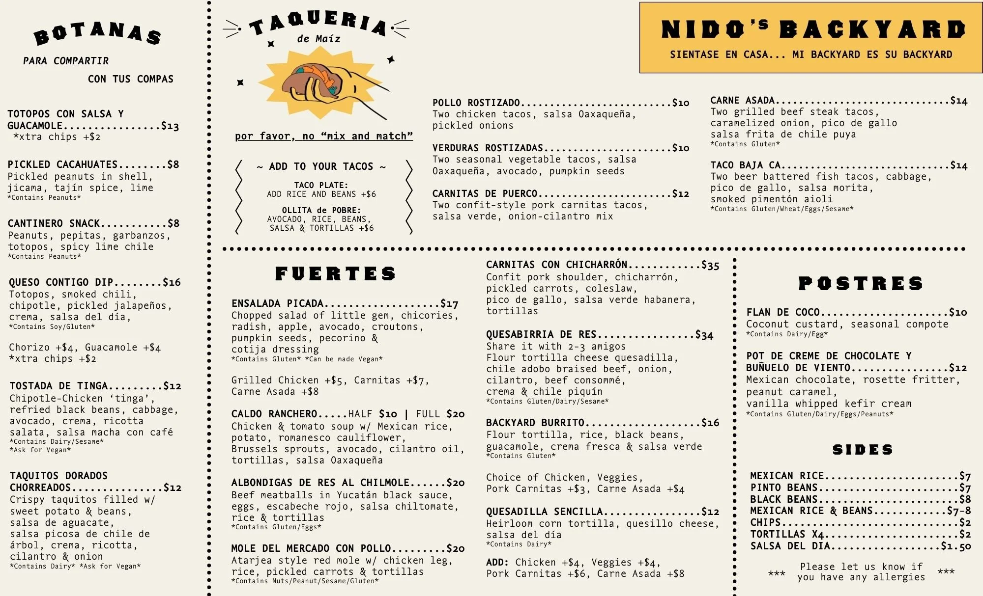 Nido's Backyard Food and Cocktail Menu — NIDO's BackYard